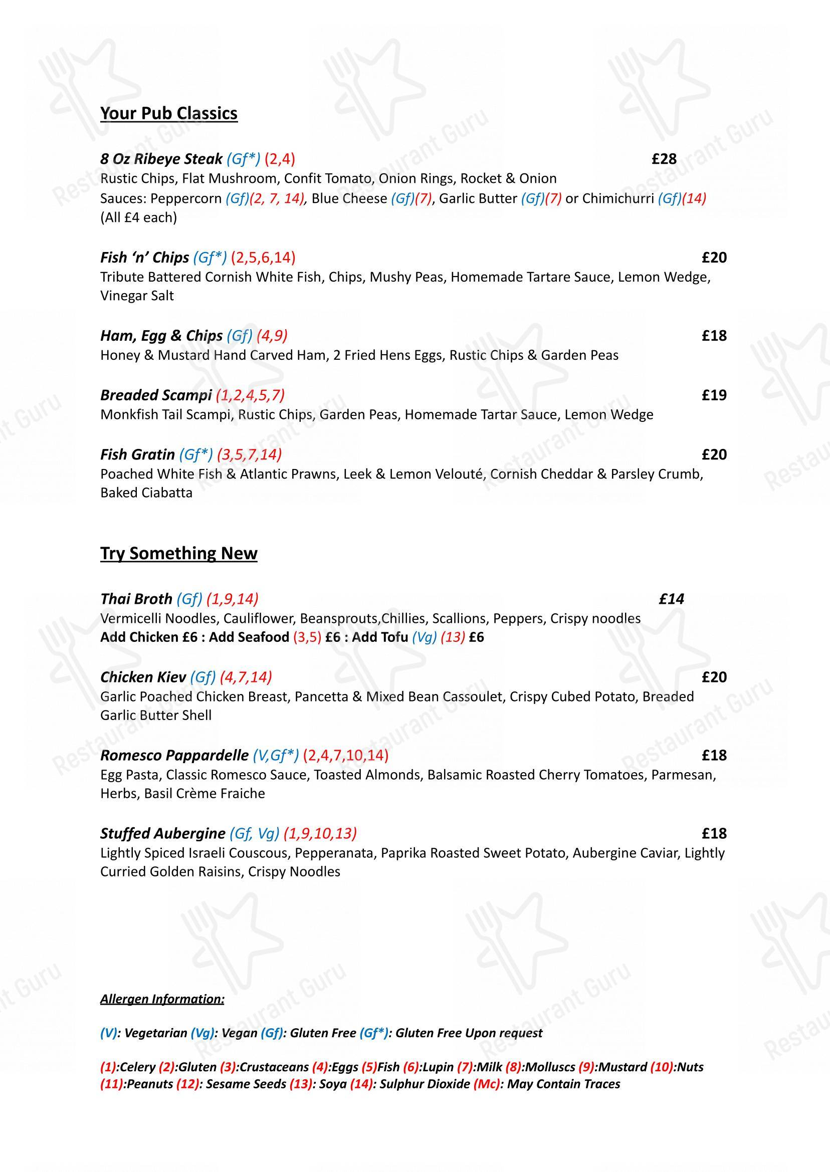 Menu at The Fox & Hounds Comford restaurant, Redruth