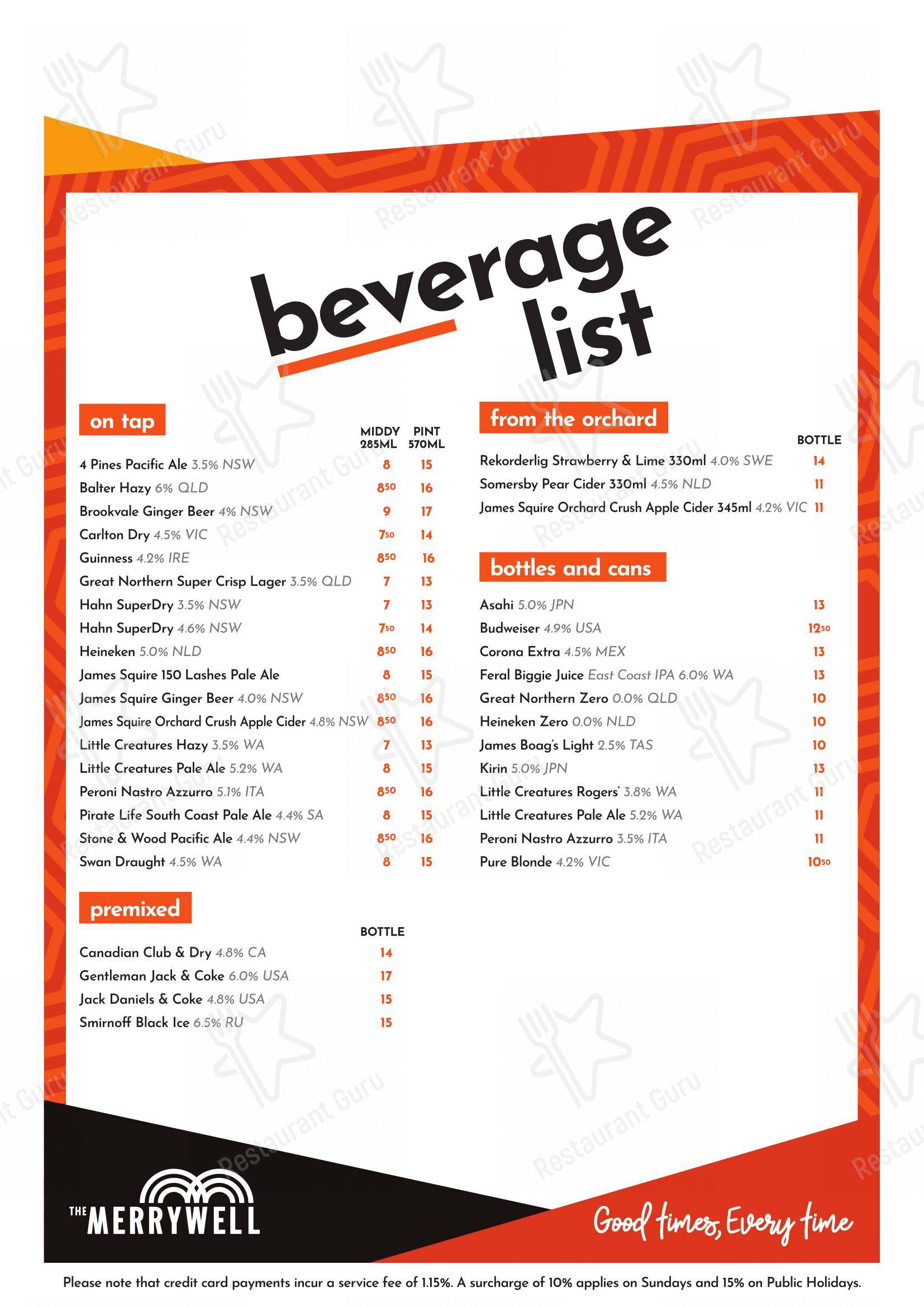 Menu at The Merrywell pub & bar, Burswood, Crown Perth