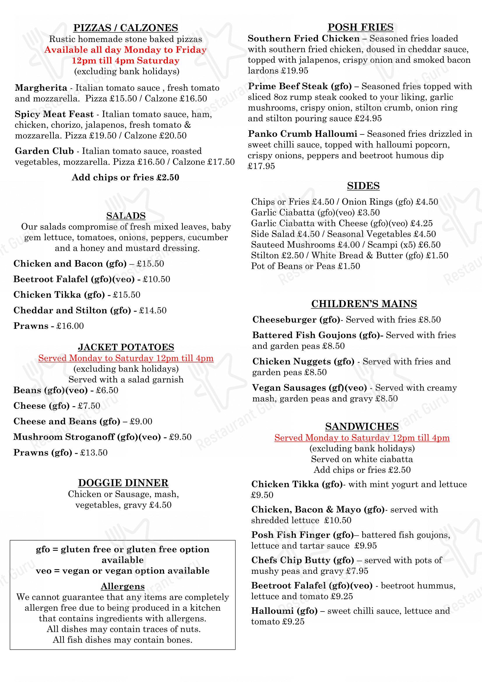 Menu at The Rose Cottage pub & bar, Edwinstowe