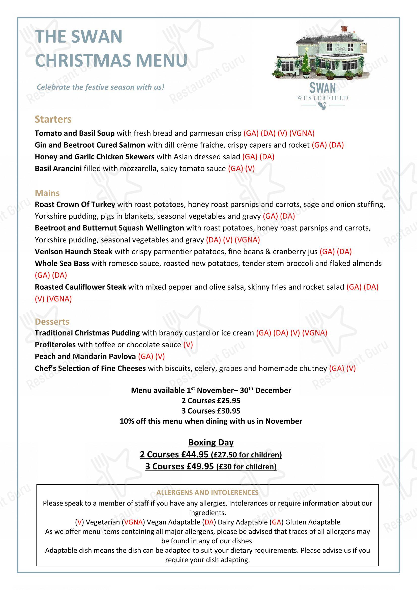 Menu at The Swan pub & bar, Ipswich, Westerfield Rd