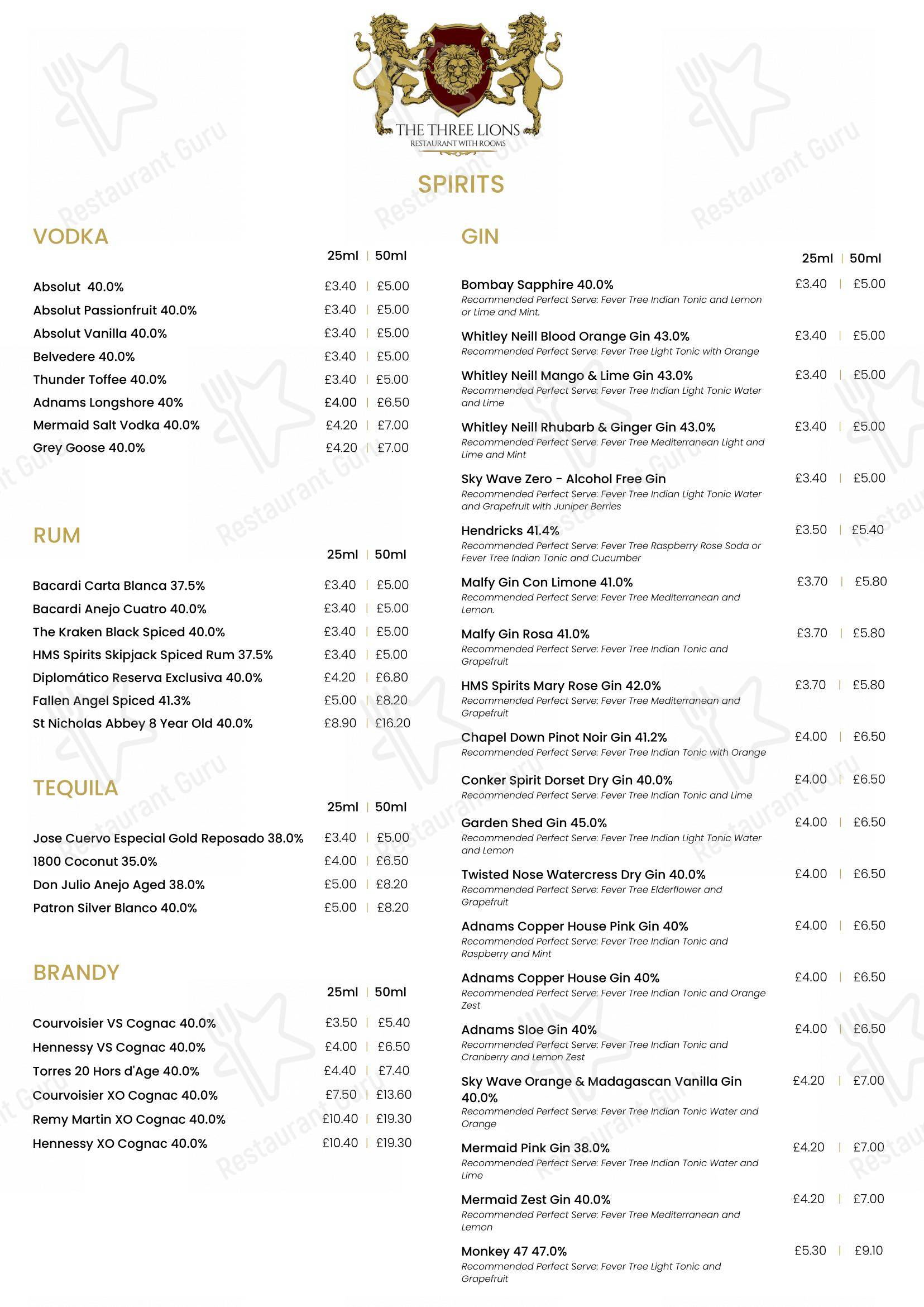 Menu at The Three Lions restaurant, Fordingbridge, Stuckton Rd