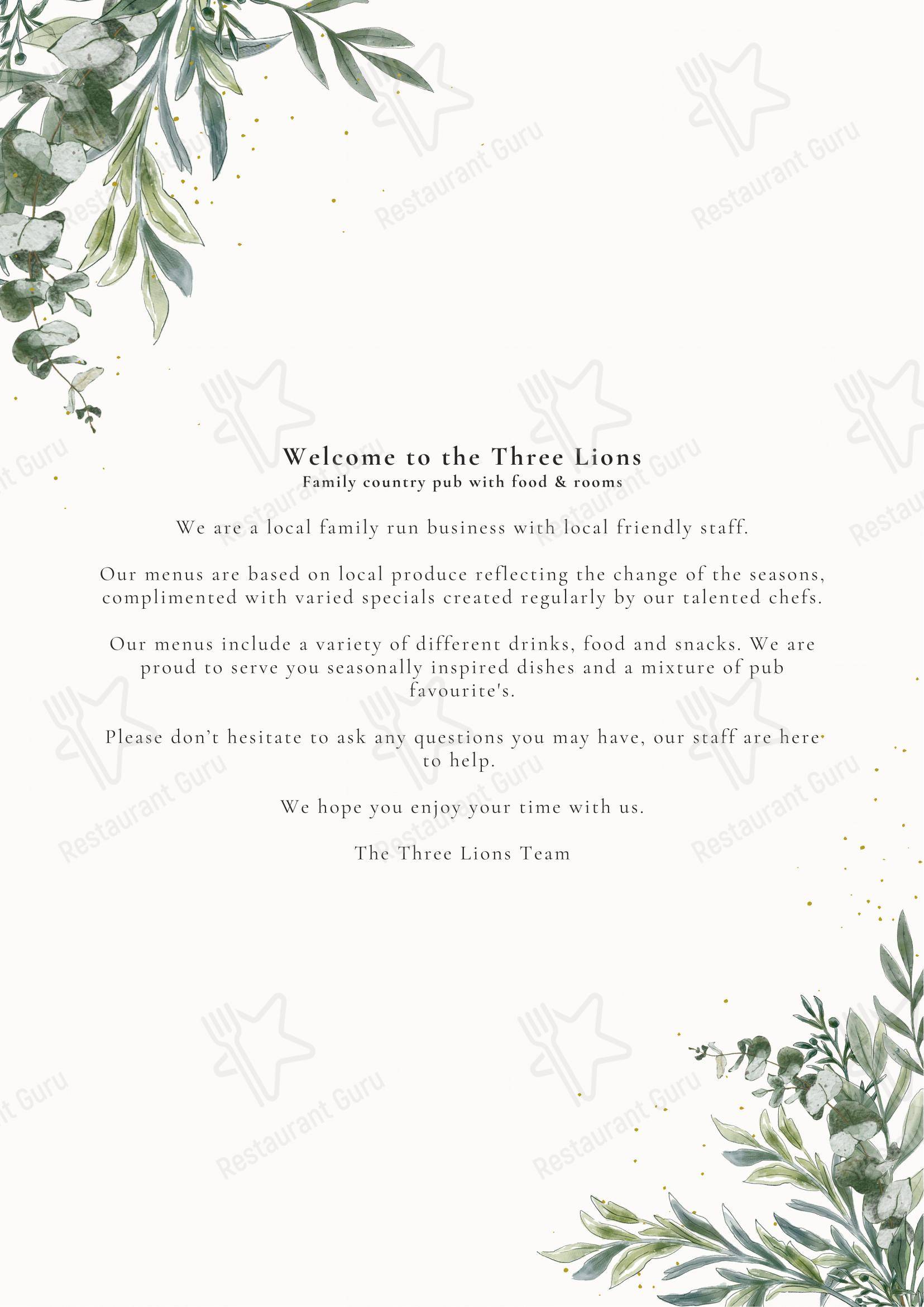 Menu at The Three Lions restaurant, Fordingbridge, Stuckton Rd
