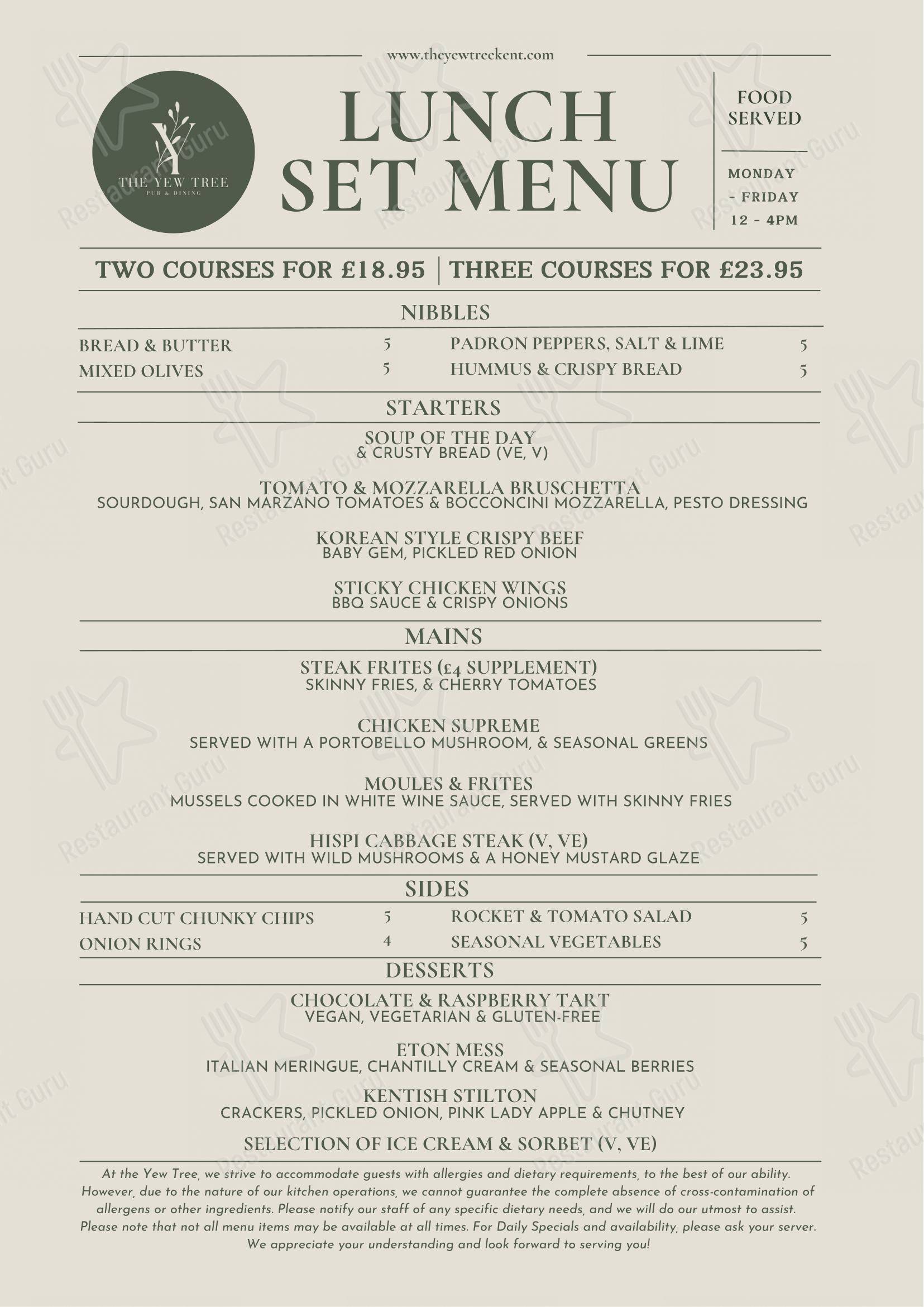 Menu at The Yew Tree, Kent pub & bar, Maidstone
