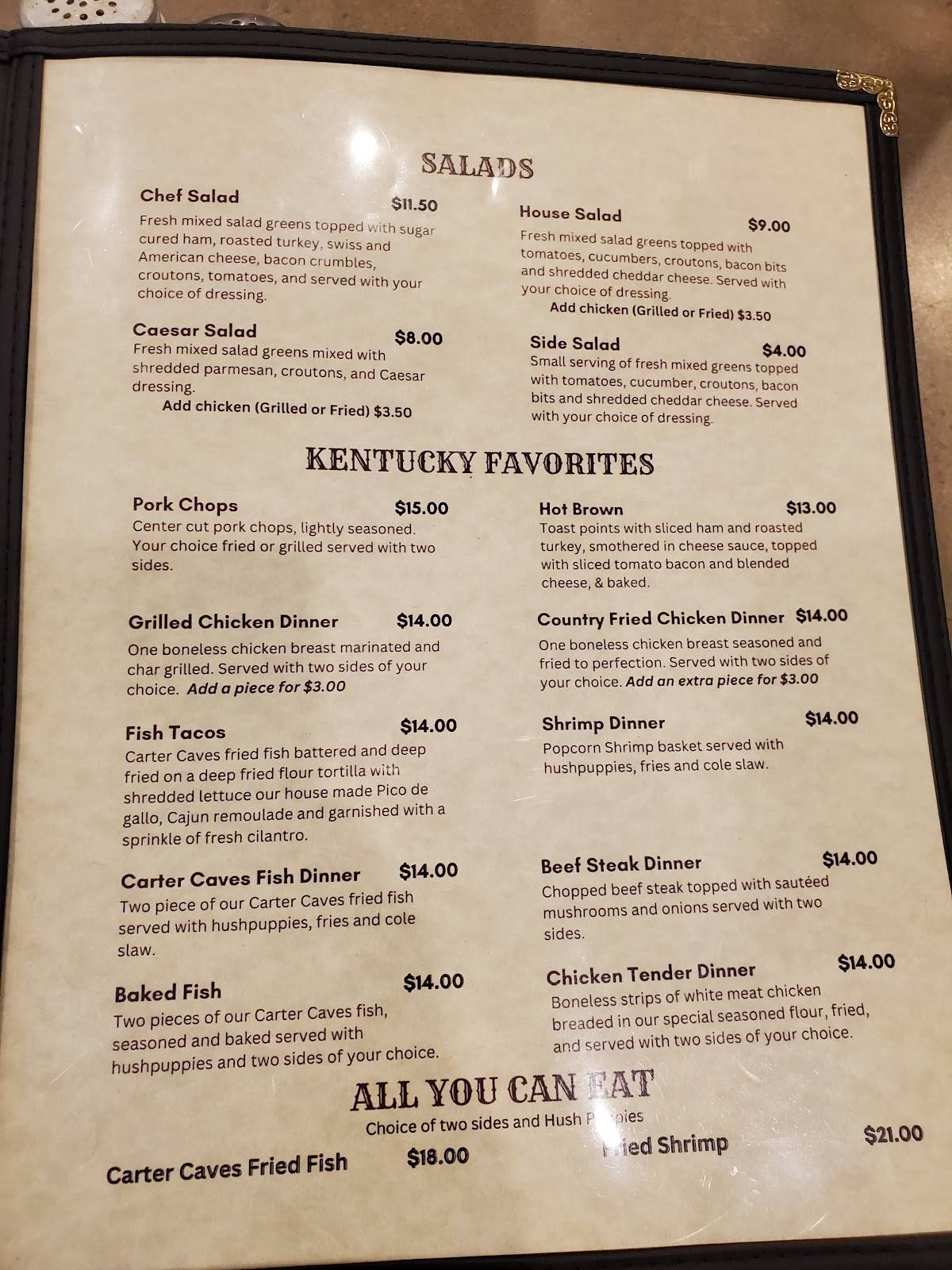 Menu at Tierney's Cavern restaurant, USA