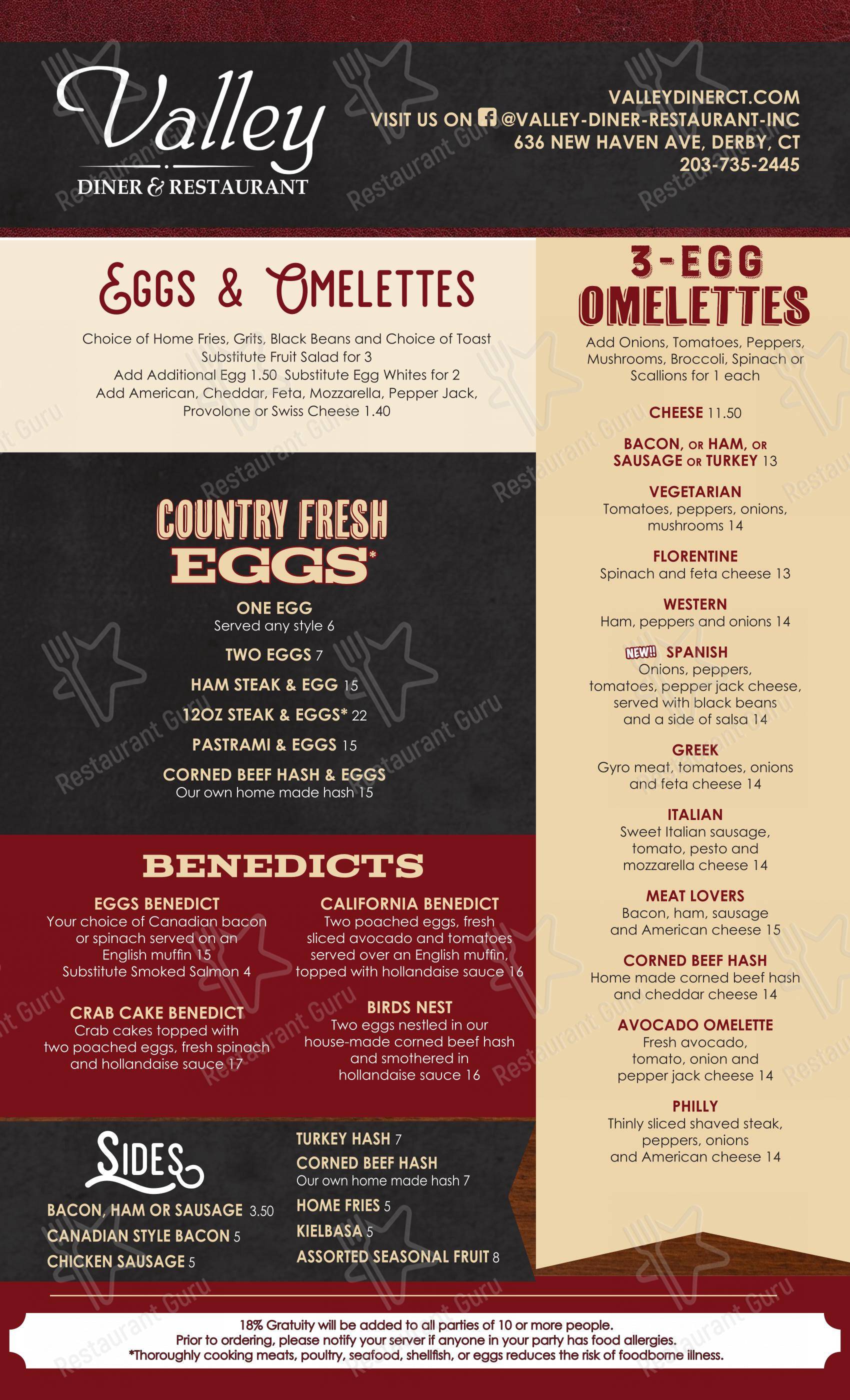 Menu at Valley Diner Restaurant, Derby