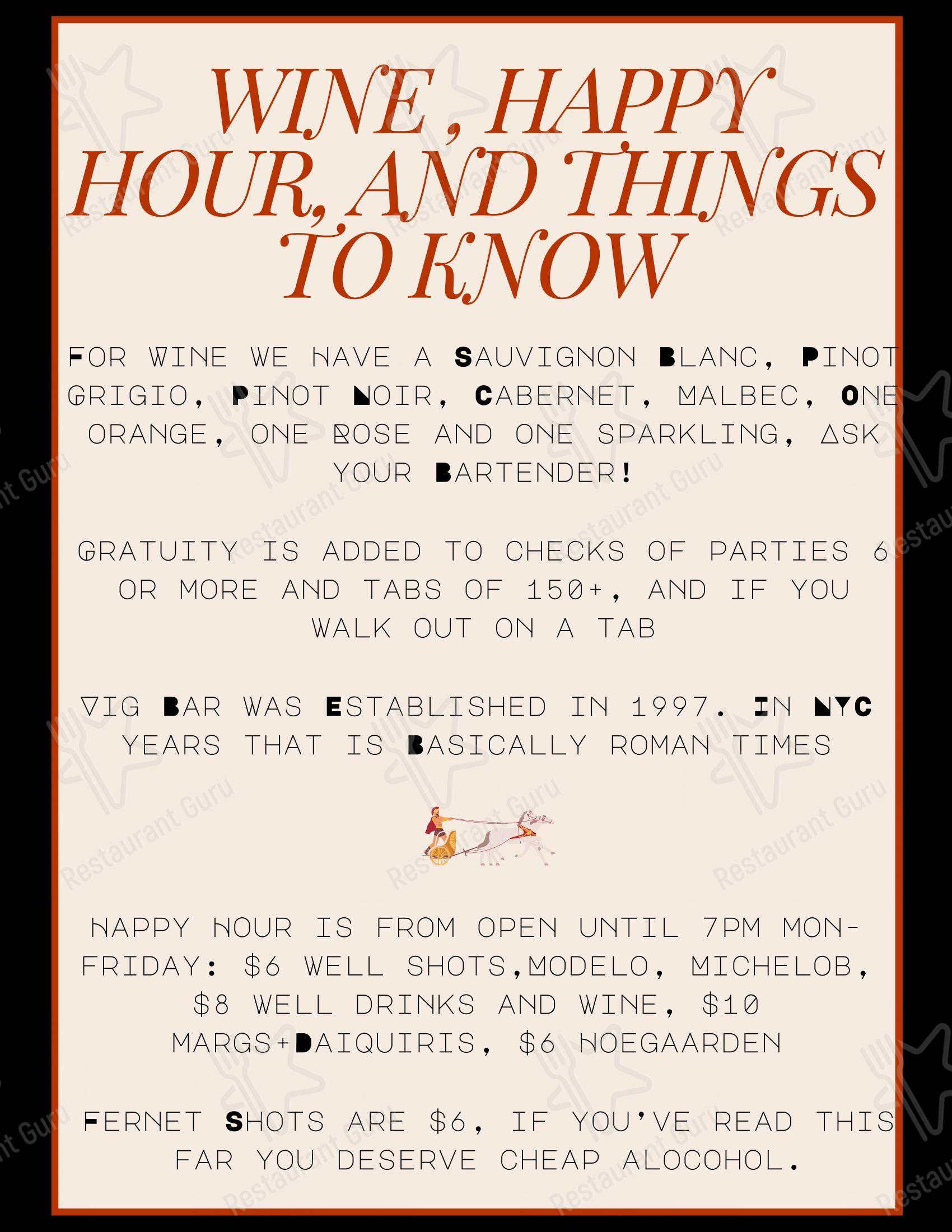 Menu at Vig Bar, New York City