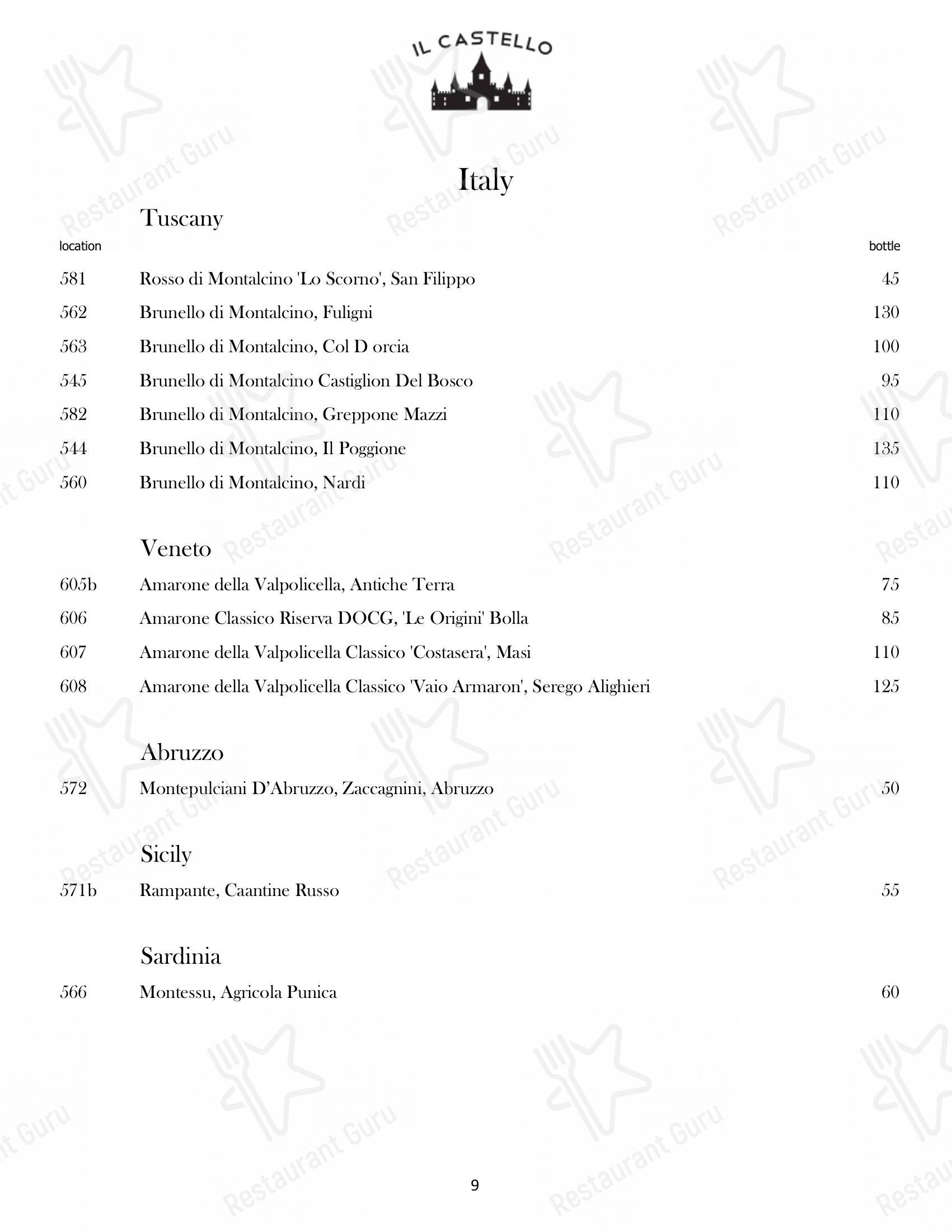 Menu at il Castello restaurant, Mamaroneck