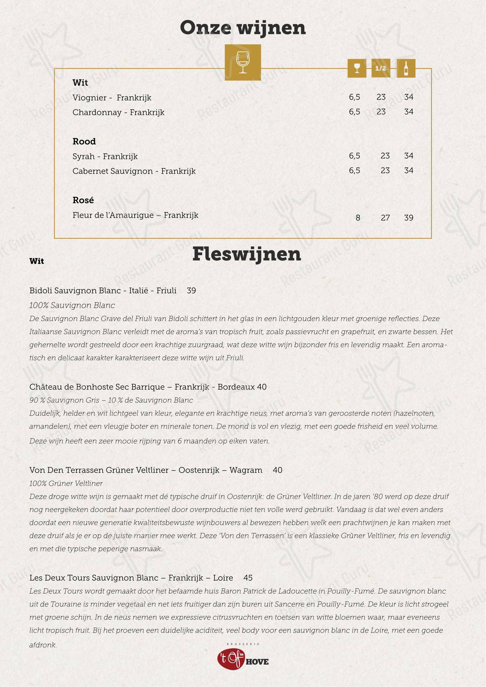 Menu at ’t Of in Hove, Hove