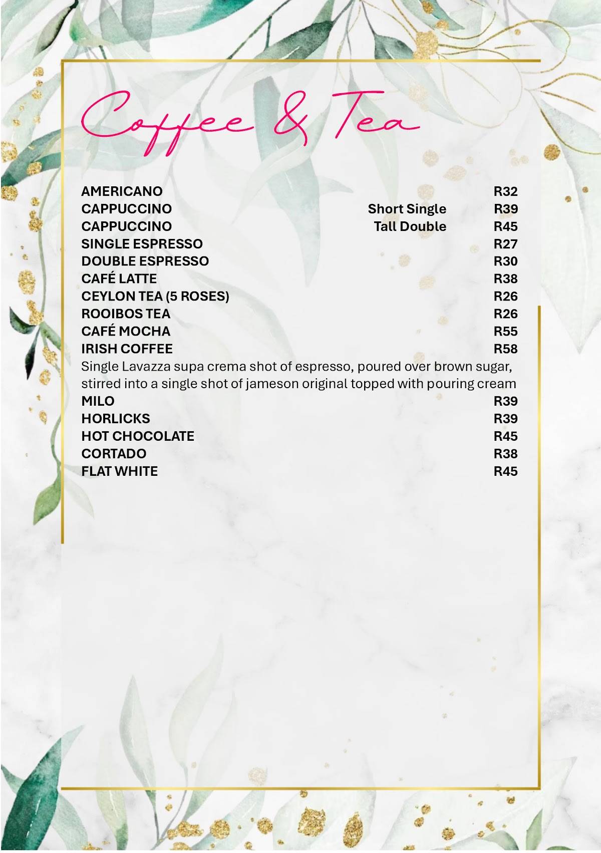 Menu at 1 on Palm restaurant, Umhlanga