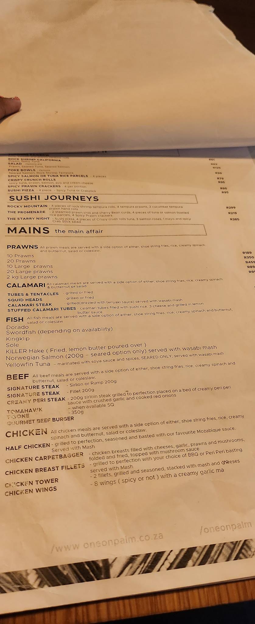 Menu at 1 on Palm restaurant, Umhlanga