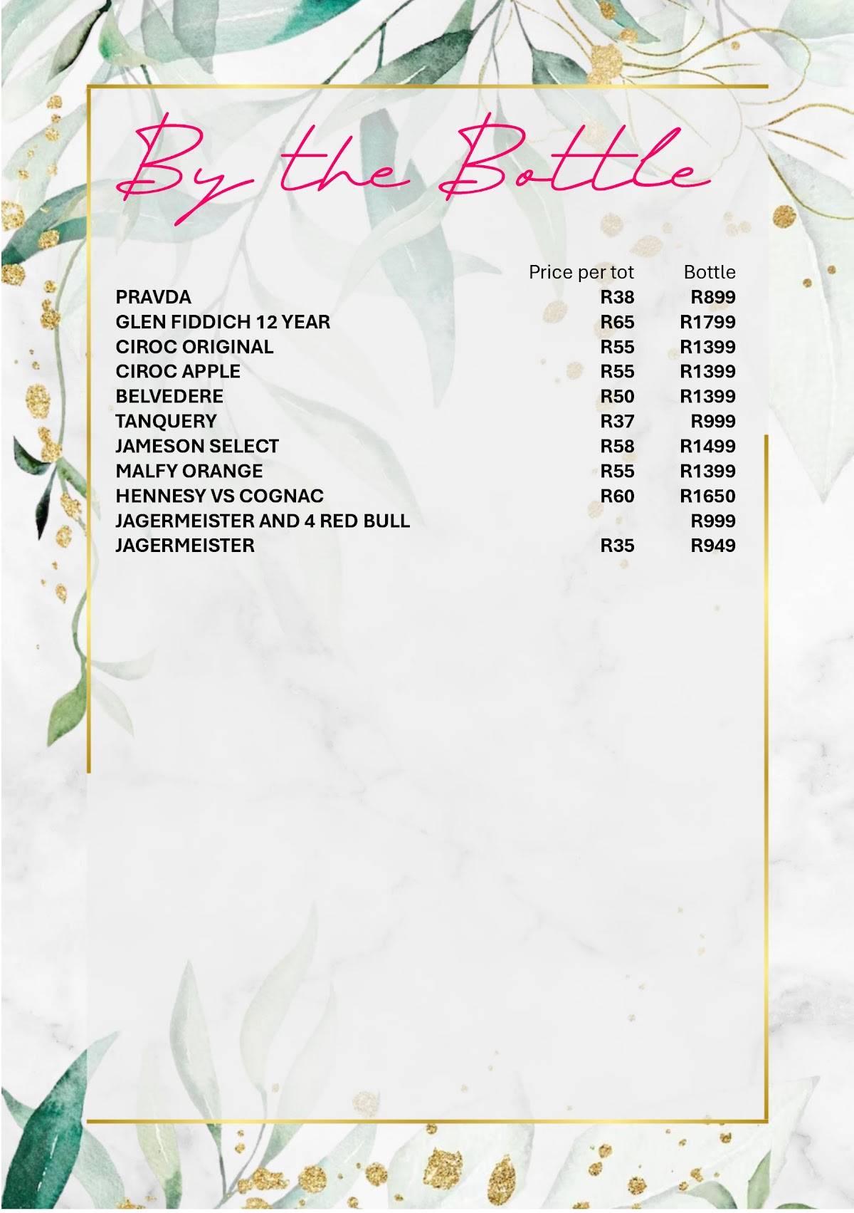 Menu at 1 on Palm restaurant, Umhlanga