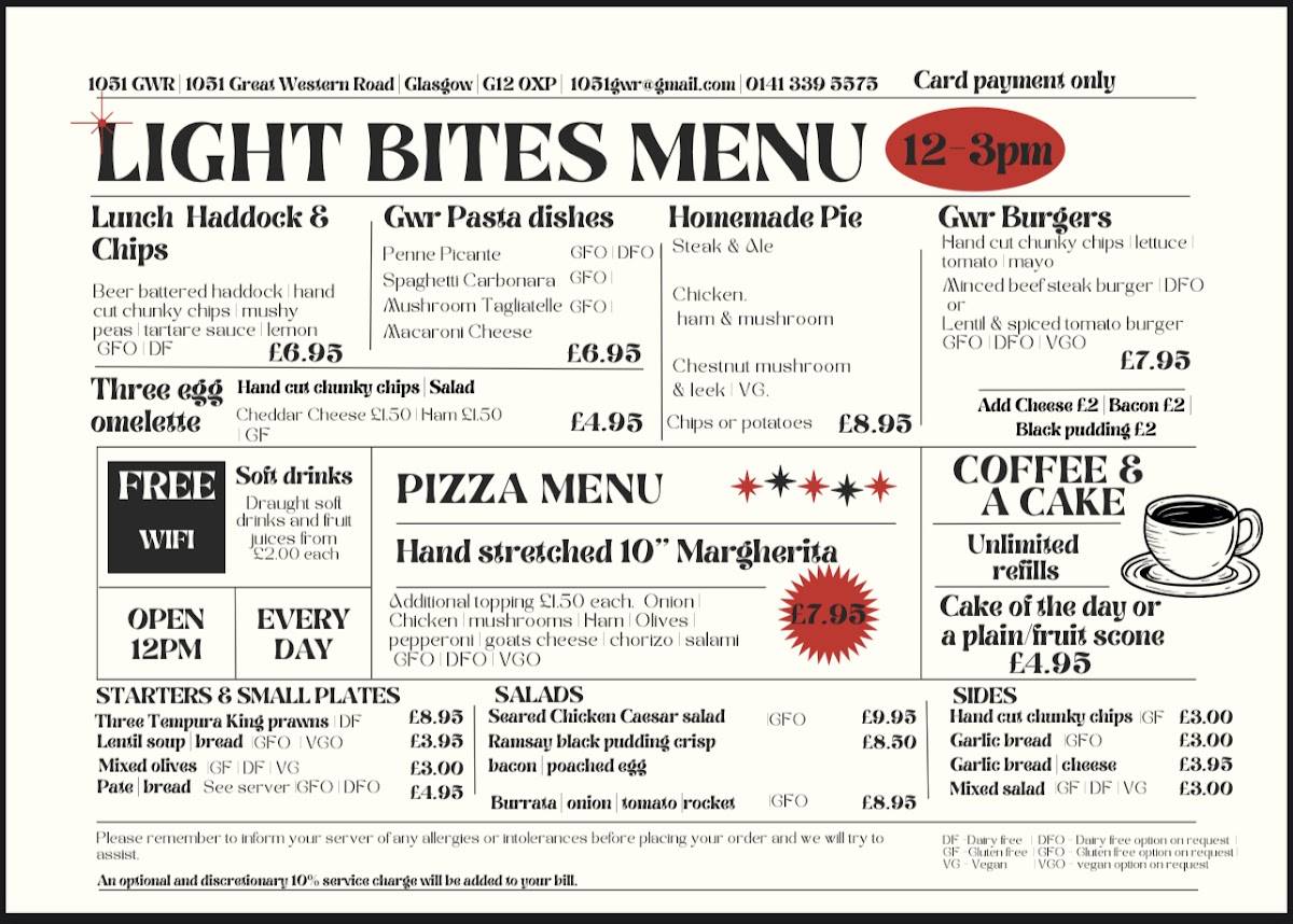 Menu at 1051 GWR restaurant, Glasgow, Great Western Rd