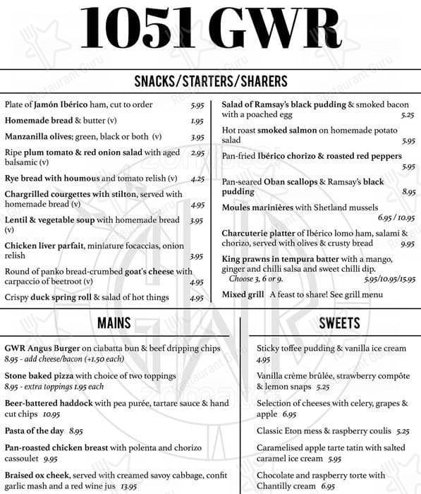 Menu at 1051 GWR restaurant, Glasgow, Great Western Rd
