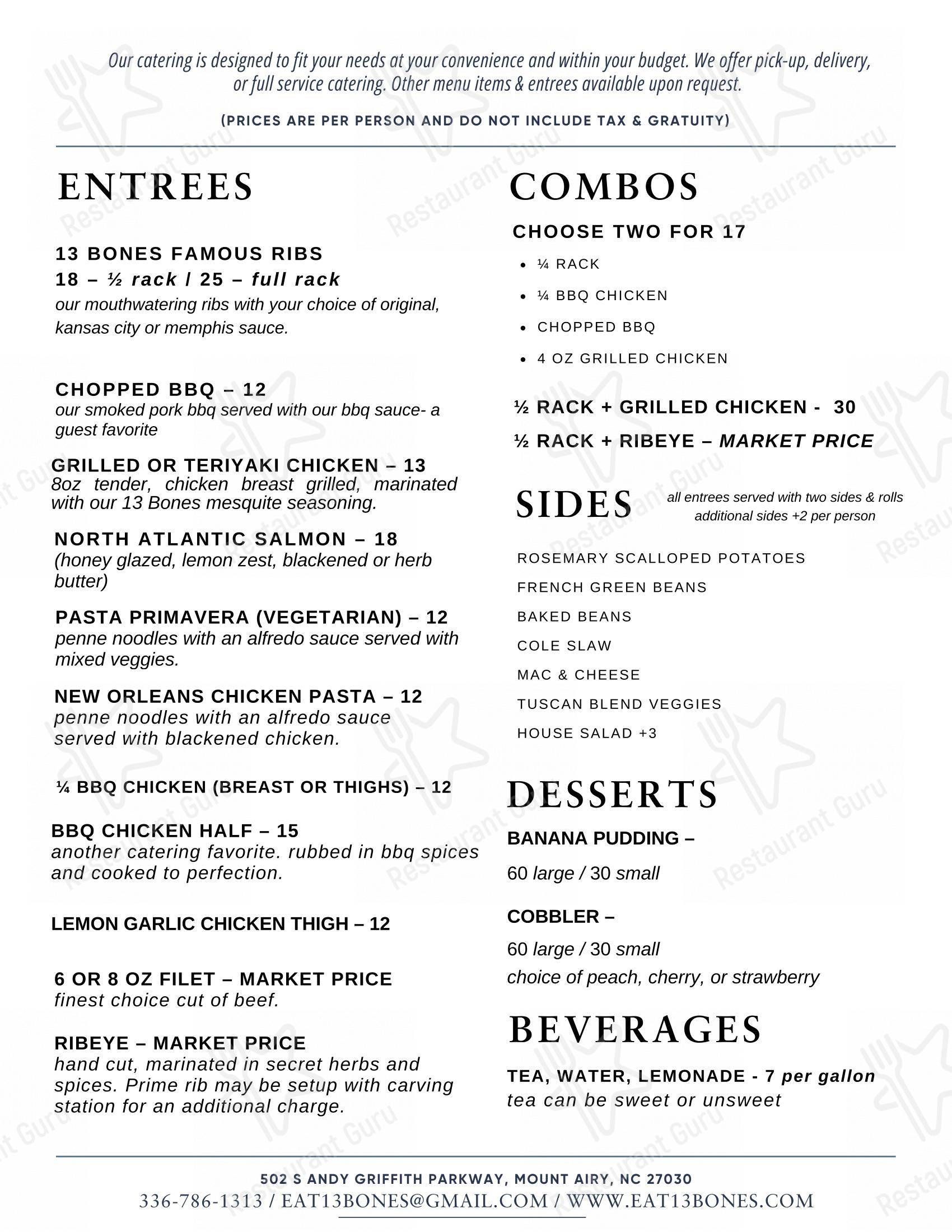 Menu at 13 Bones Restaurant, Mount Airy
