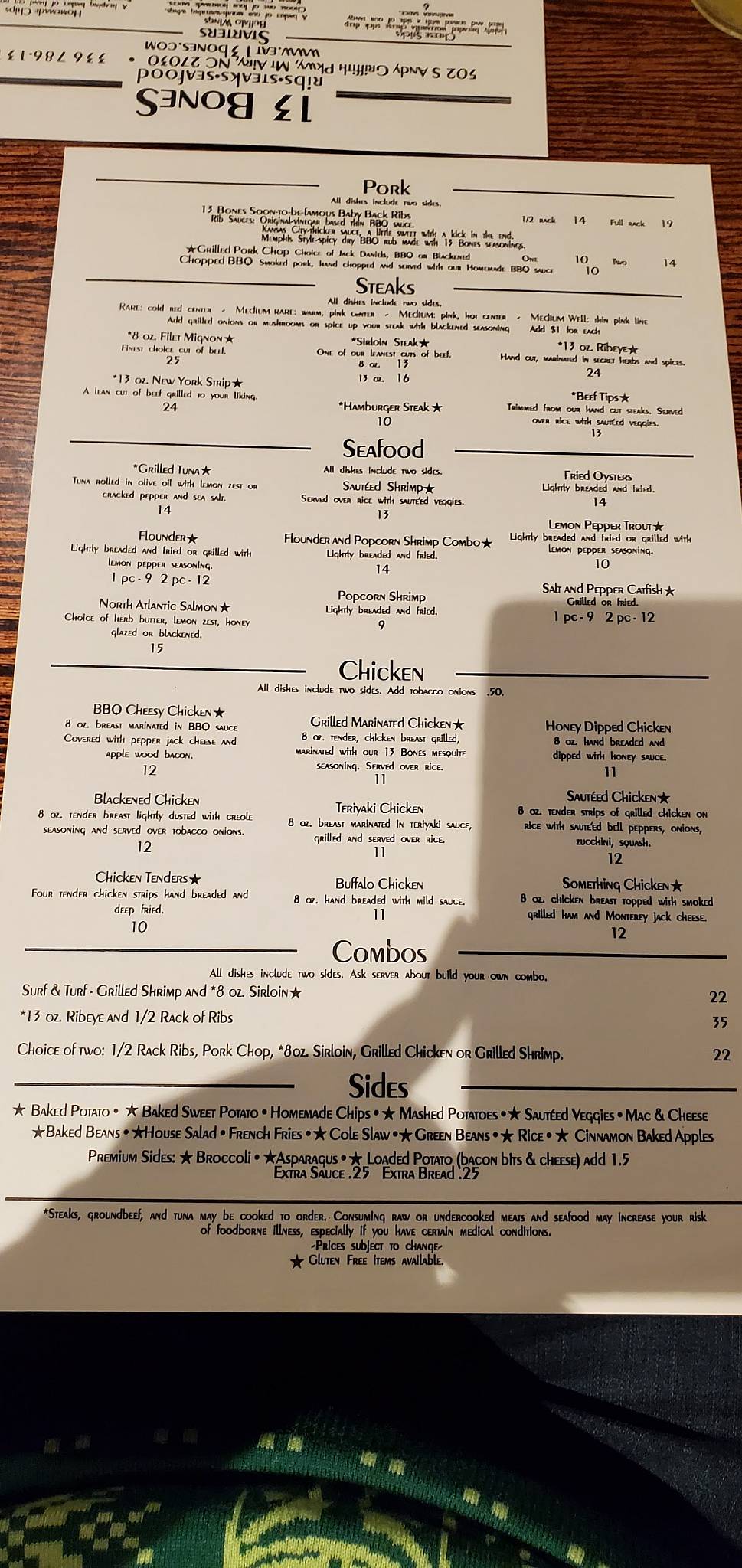Menu at 13 Bones Restaurant, Mount Airy