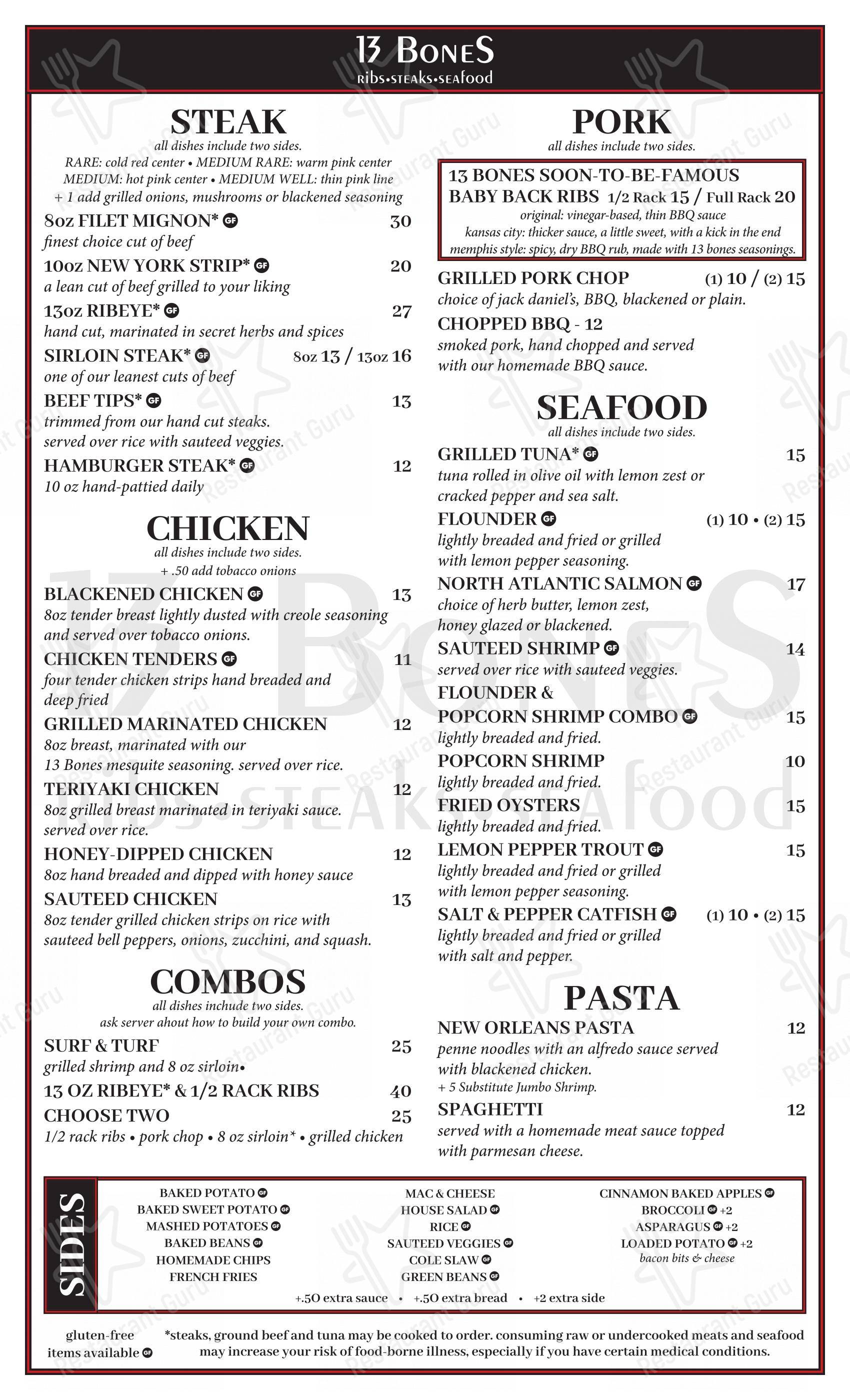 Menu at 13 Bones Restaurant, Mount Airy