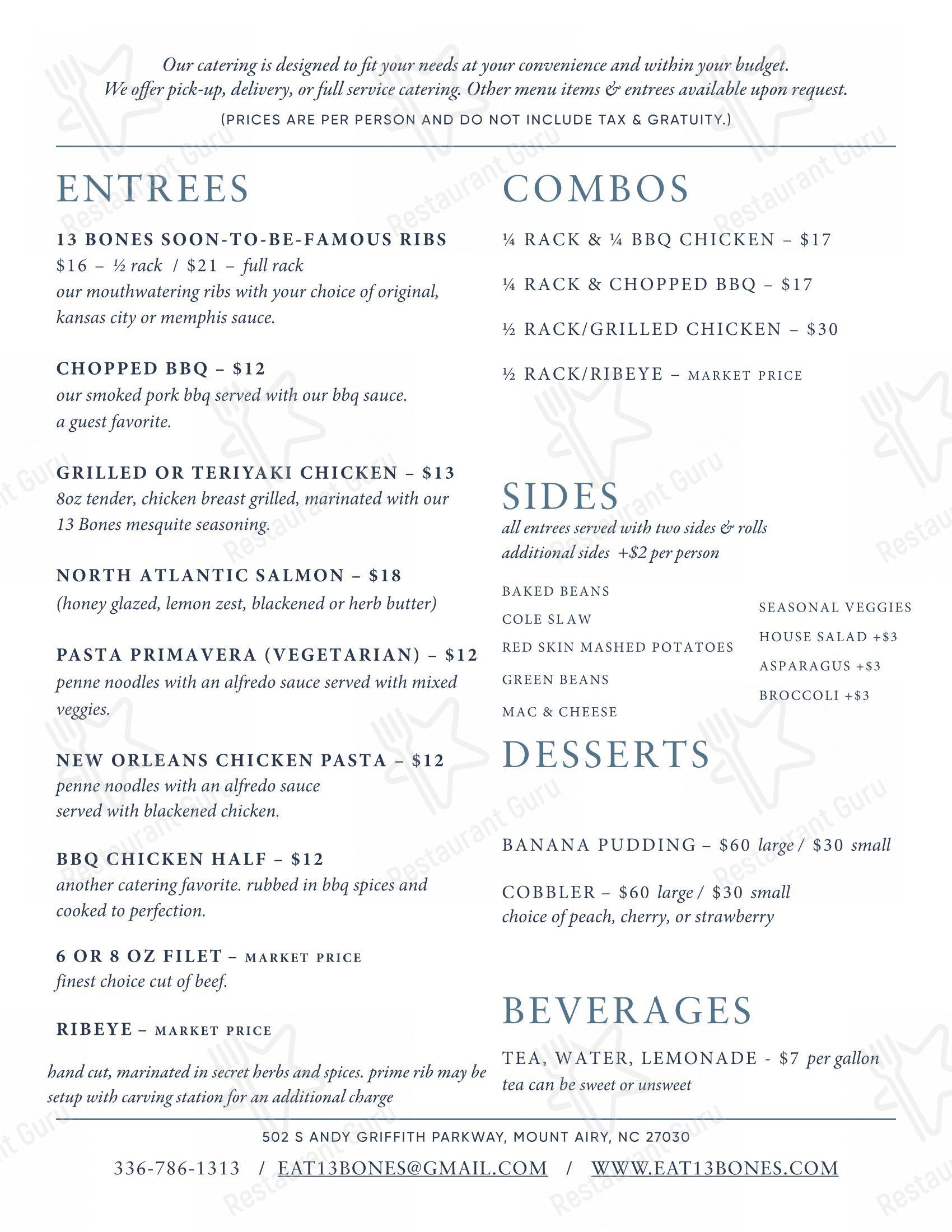 Menu at 13 Bones Restaurant, Mount Airy