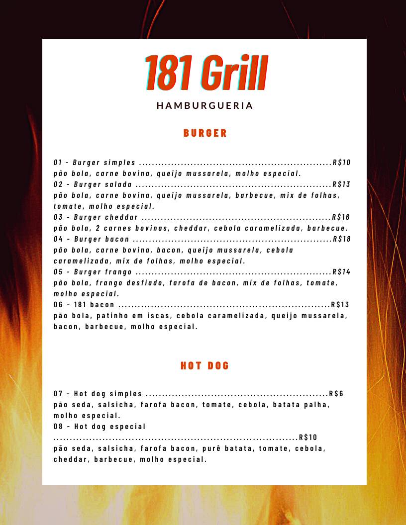 Carta del restaurante 181 Grill hamburgueria, Recife