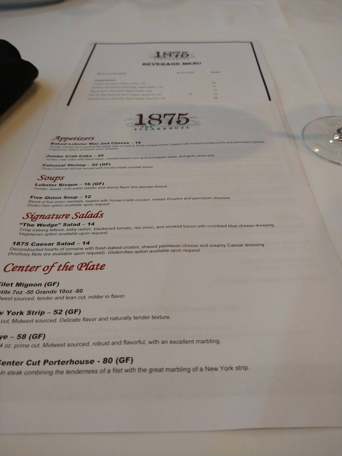 Menu at 1875: The Steakhouse, French Lick