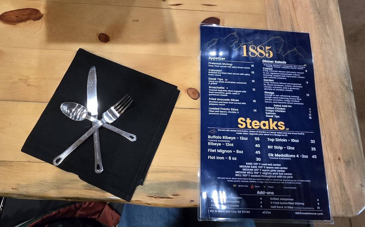 Menu at 1885 Steakhouse & Saloon, Hill City
