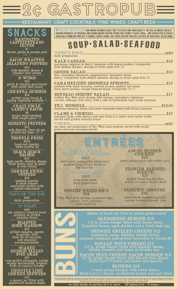 Menu at 2 Cents Restaurant & Pub, Key West, 416 Appelrouth Ln