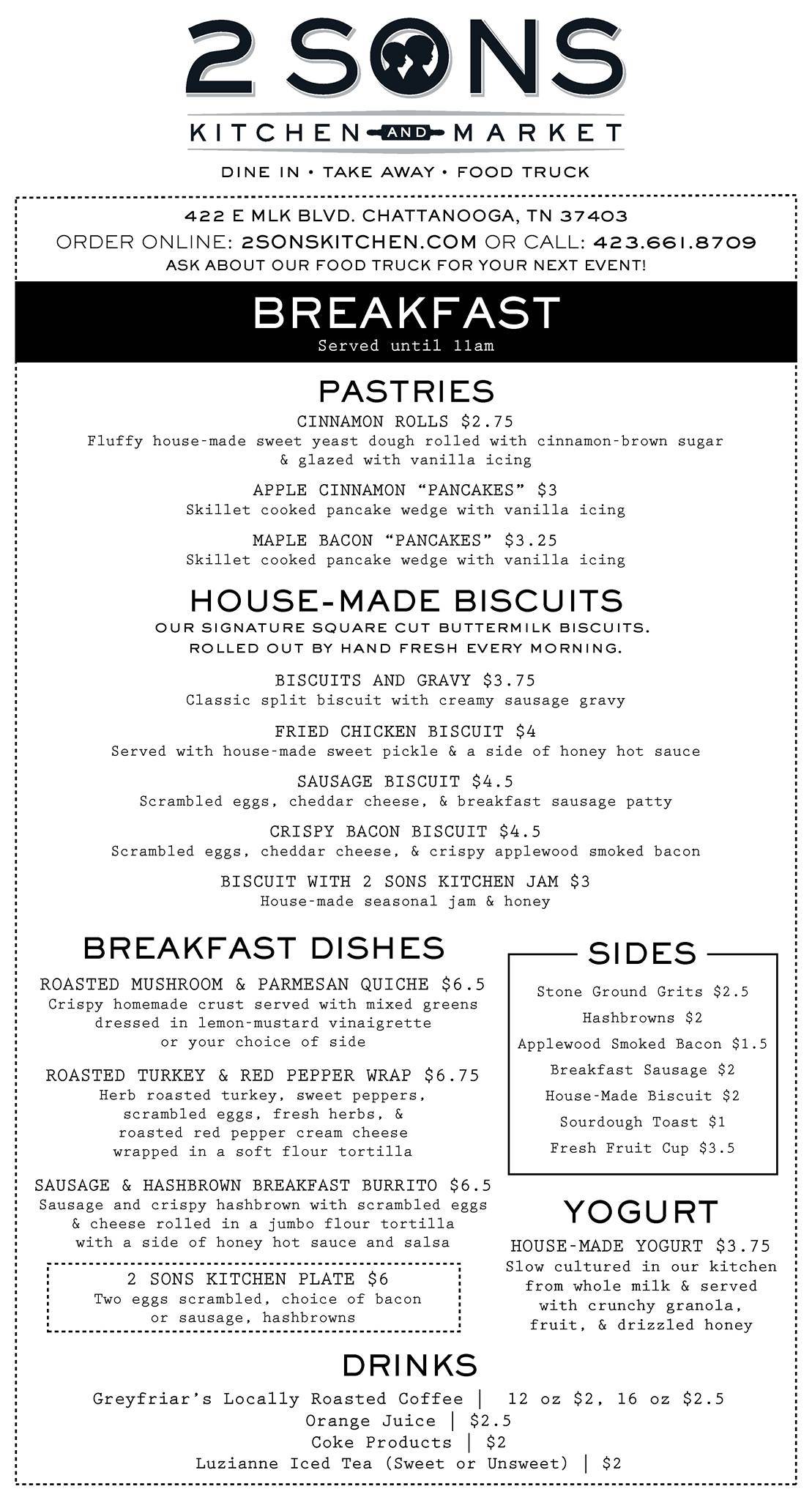 Menu at 2 Sons Kitchen and Market restaurant, Chattanooga