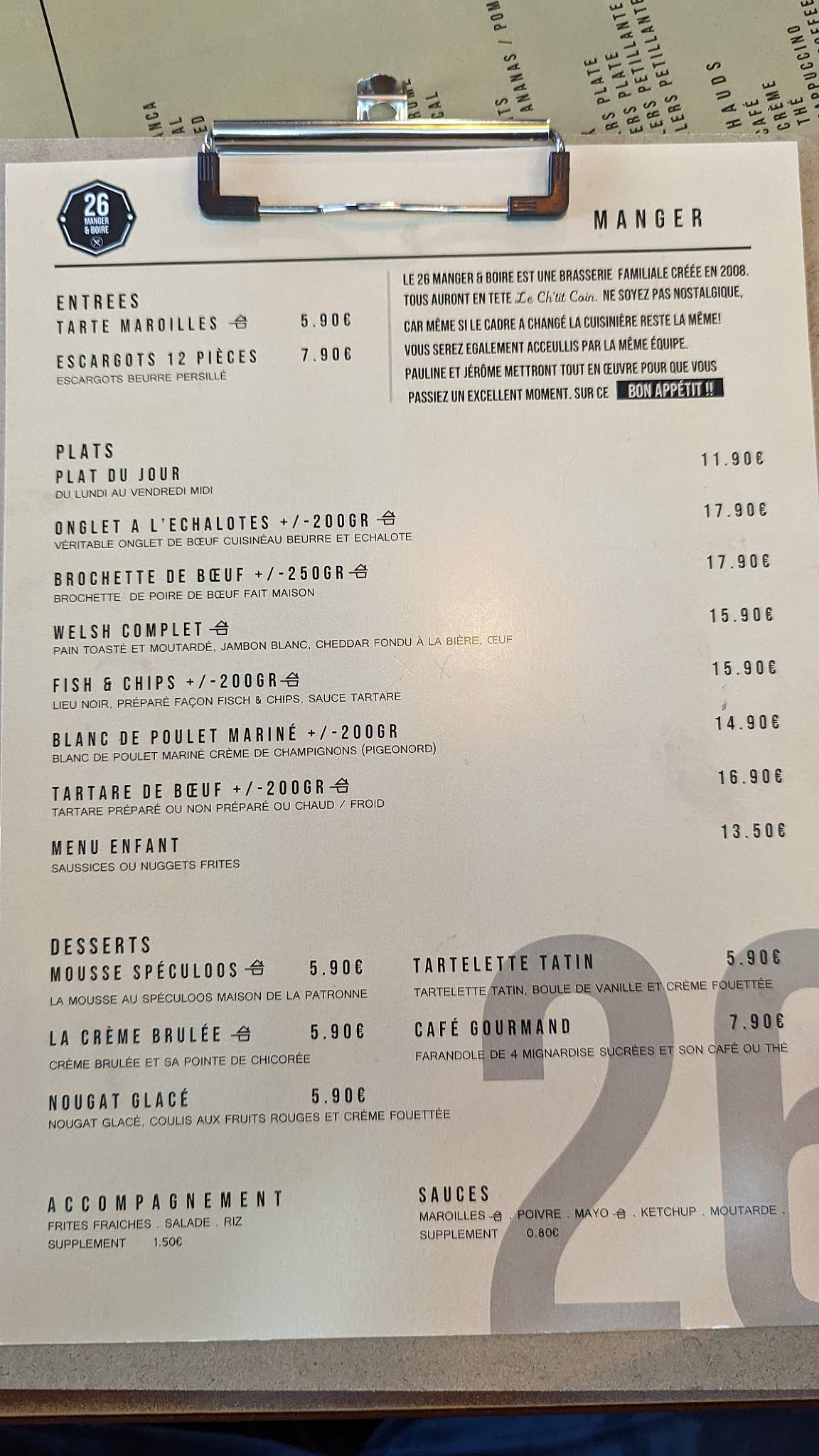 Menu au 26 MANGER&BOIRE restaurant, Orchies