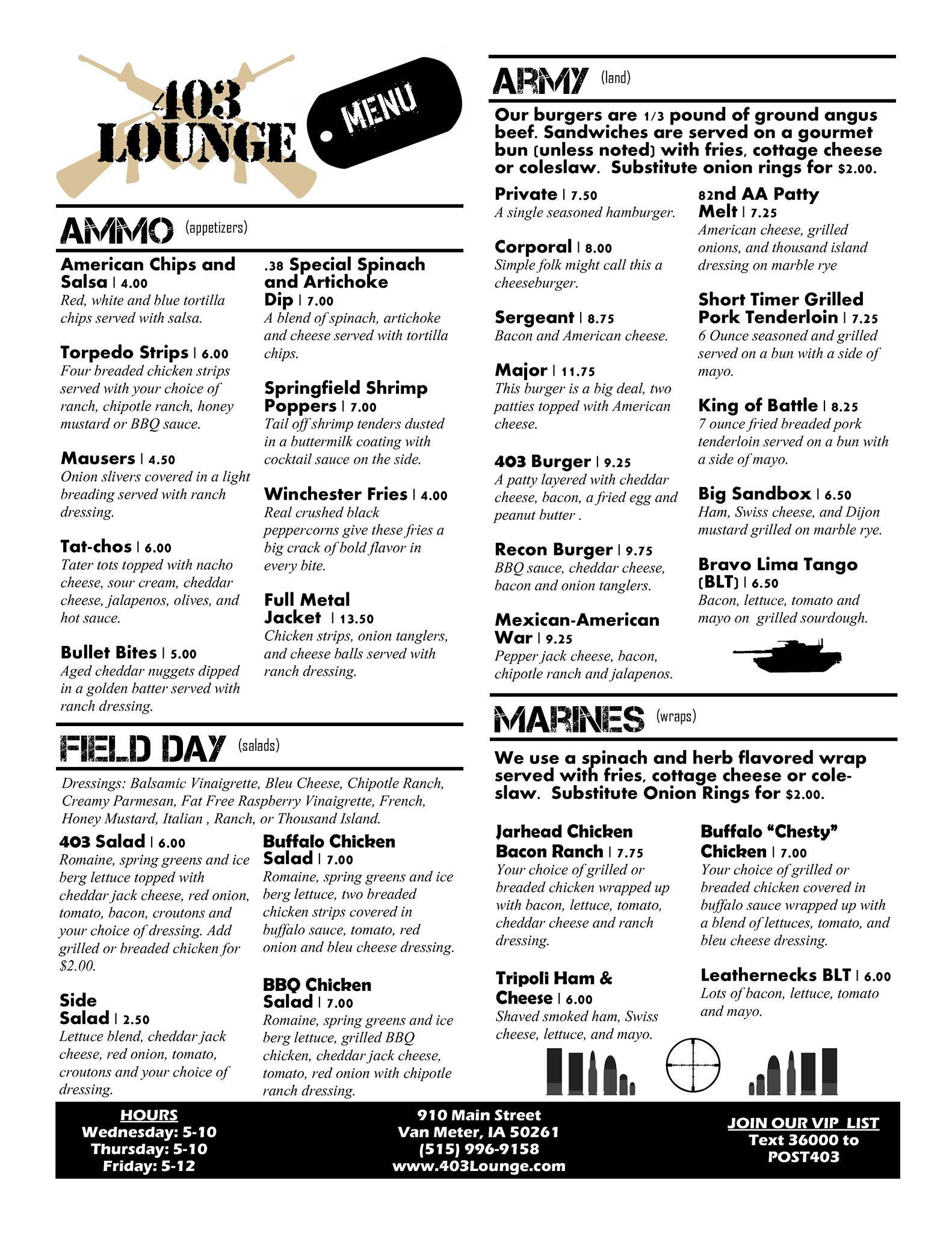 Menu at 403 Lounge pub & bar, Van Meter