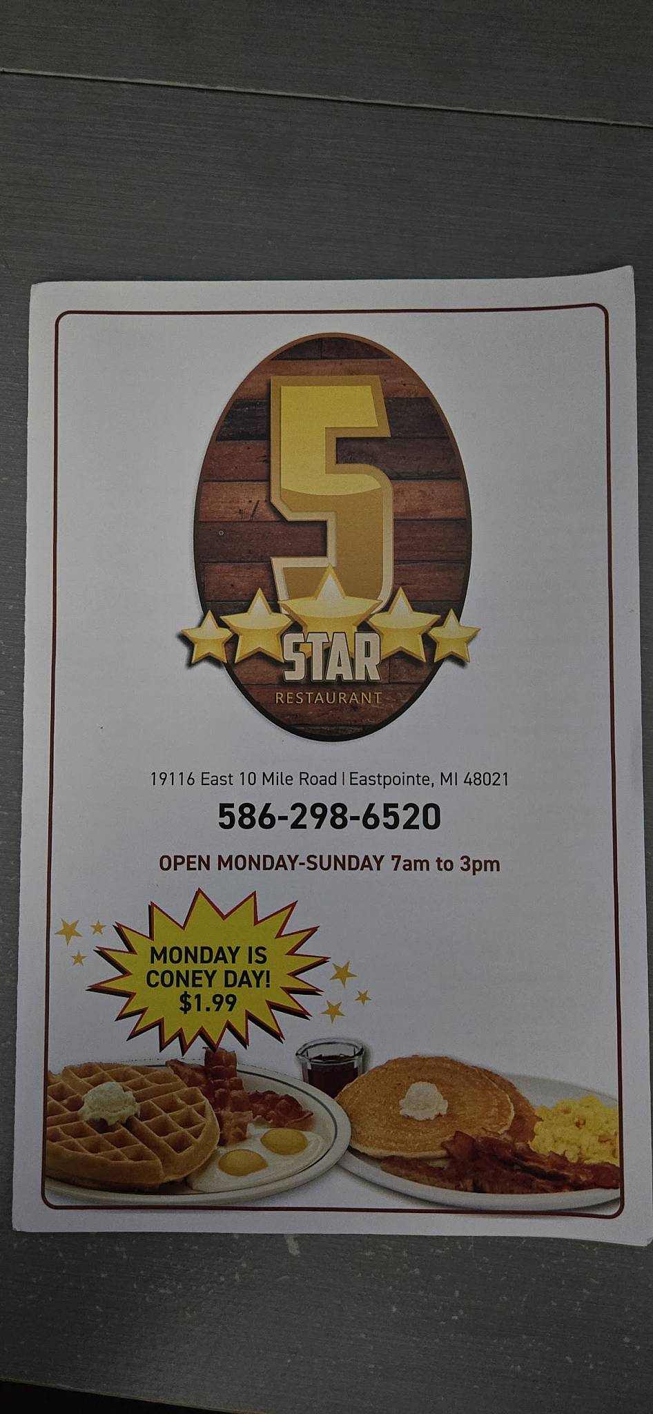 Menu at 5 Star Restaurant Breakfast & Lunch, Eastpointe