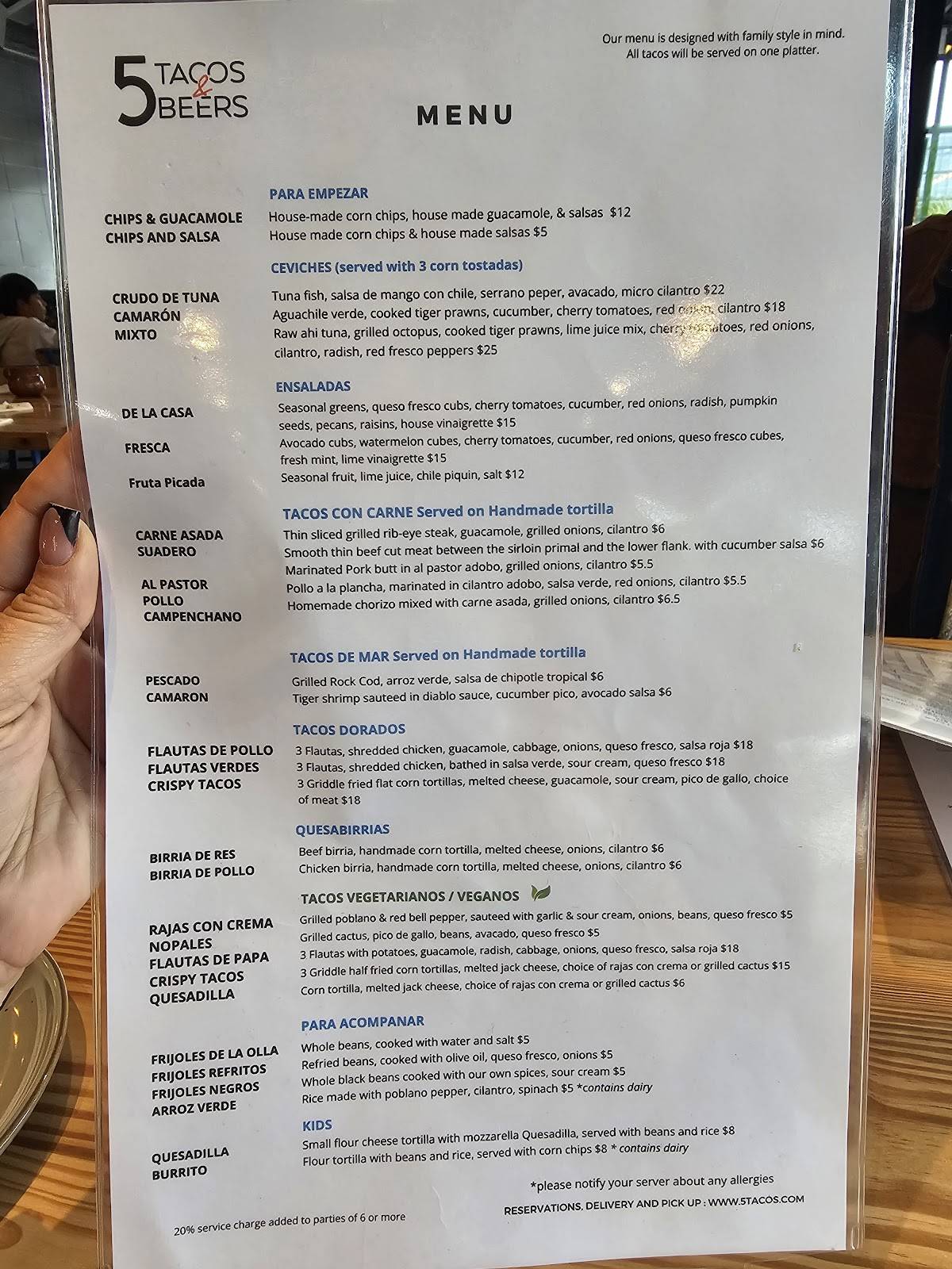 Menu at 5 Tacos and Beers restaurant, Sacramento