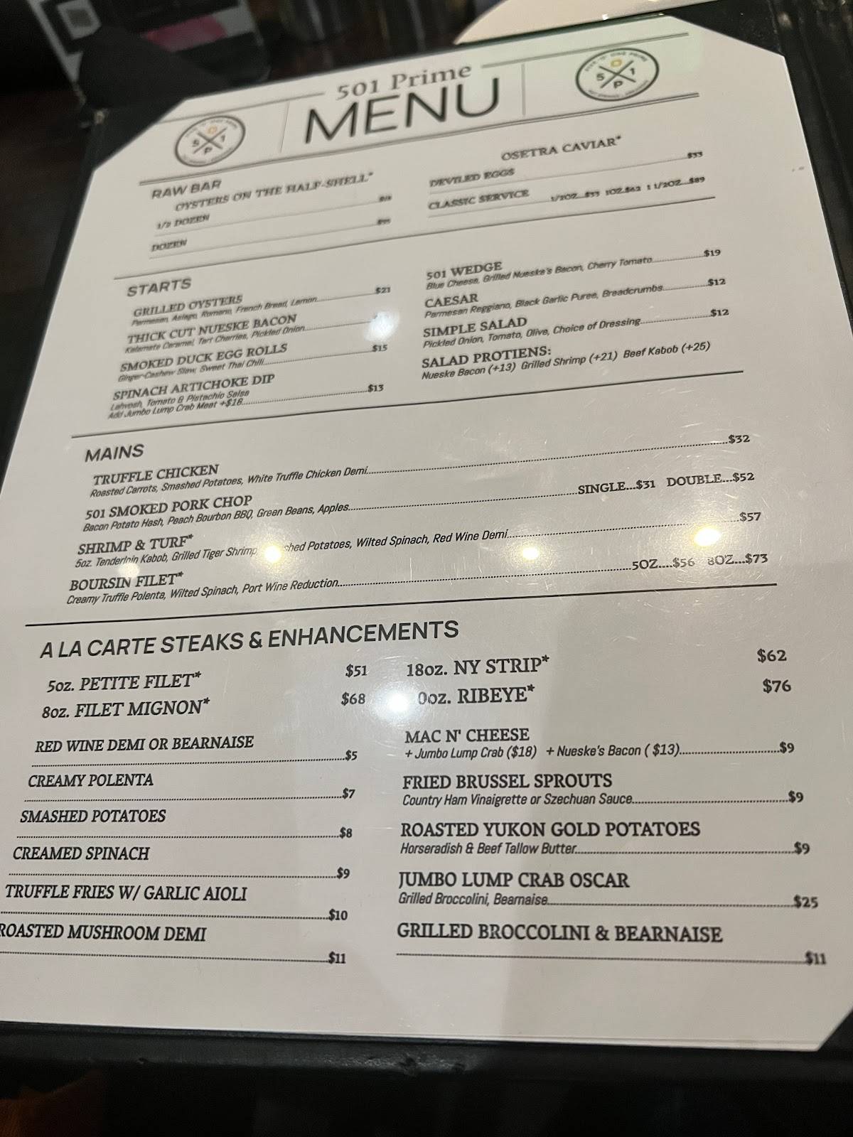 Menu at 501 Prime pub & bar, Hot Springs