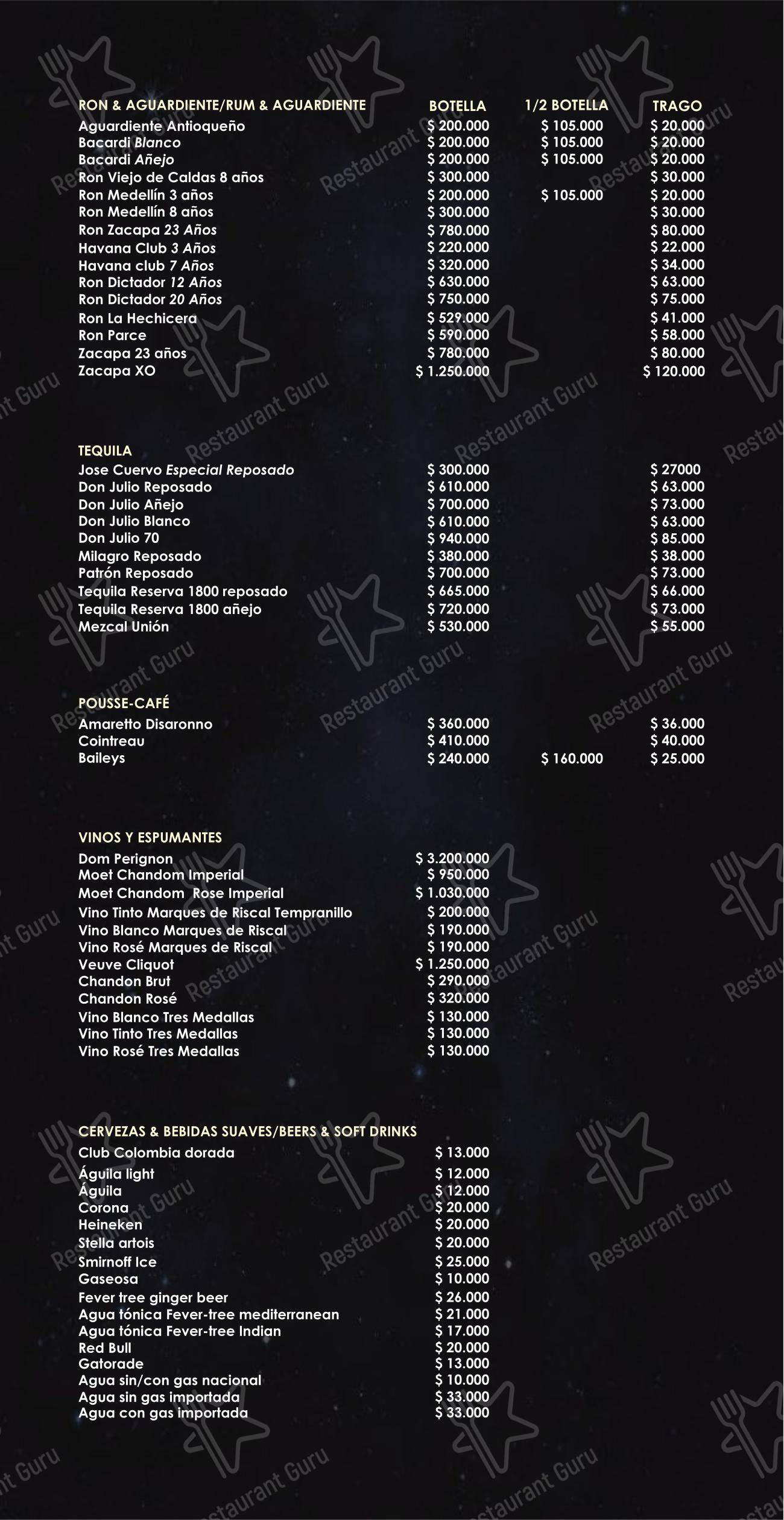 Menu at 51 Sky Bar, Cartagena