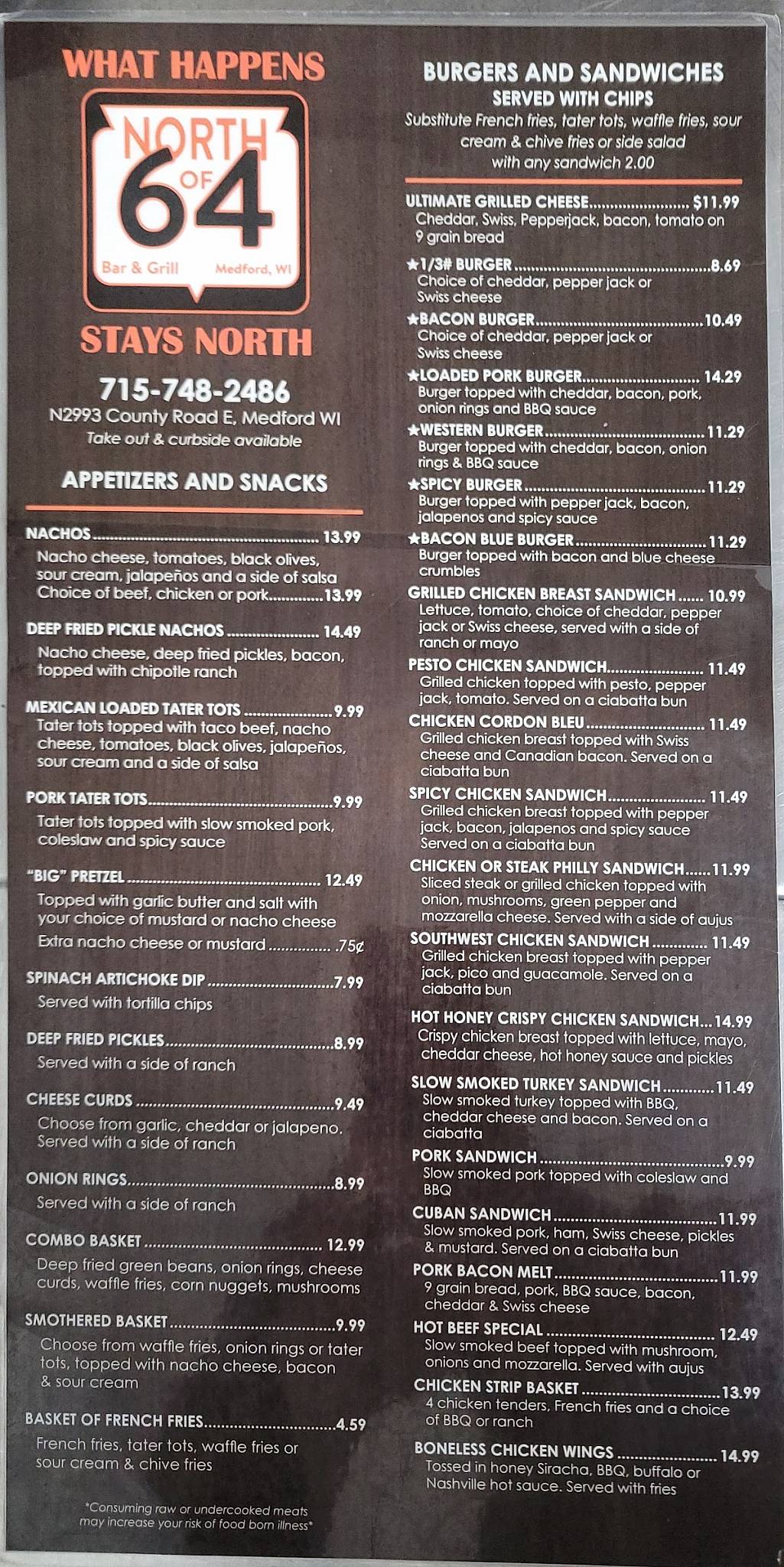 Menu at 64 North Bar & Grill, USA
