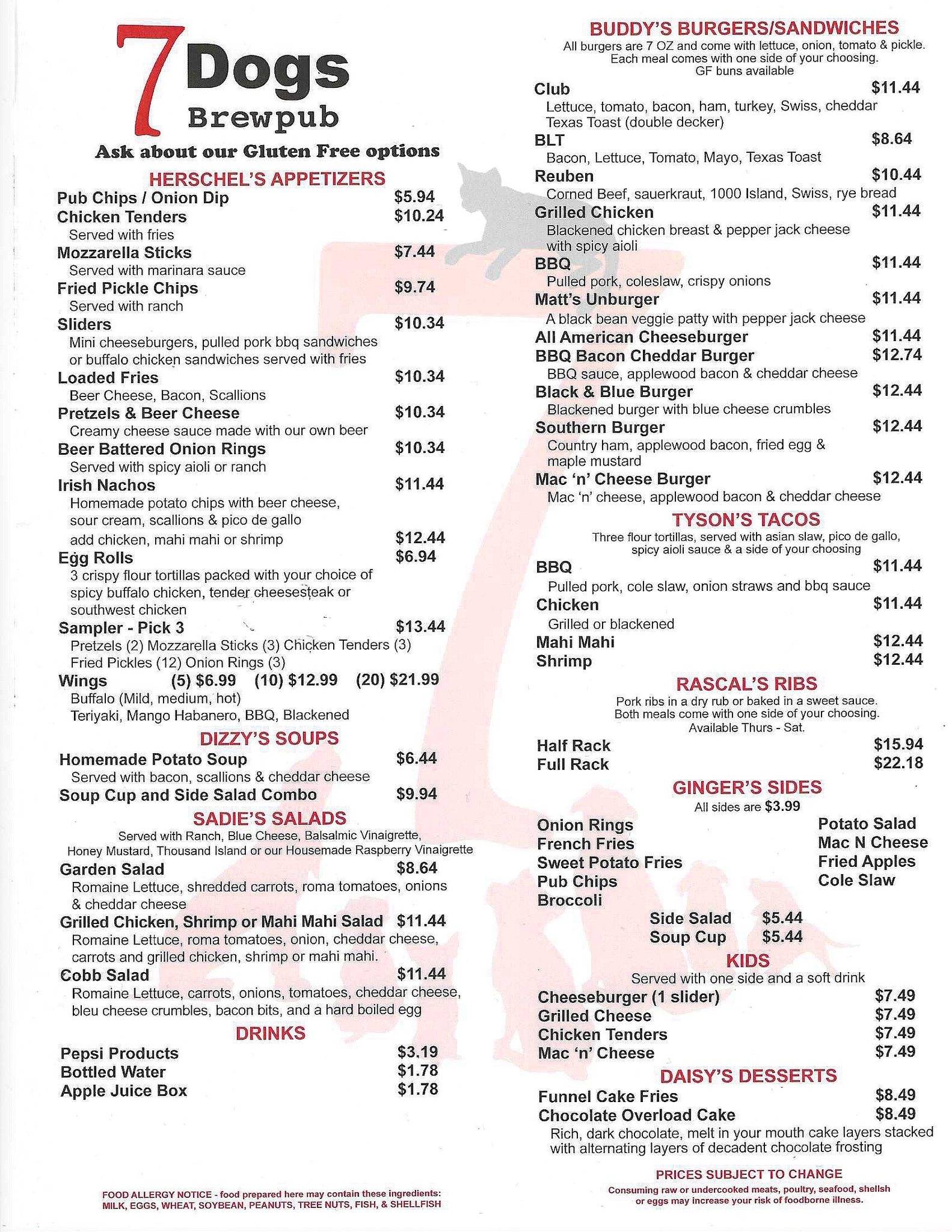 Menu at 7 Dogs Brewpub, Wytheville