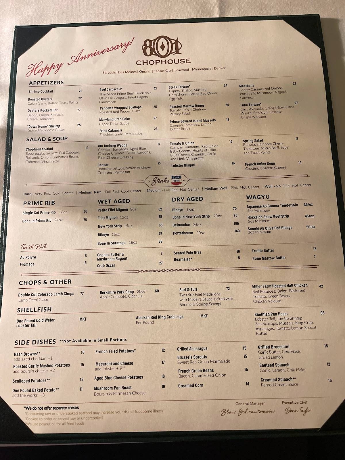 Menu at 801 Chophouse steakhouse, Clayton