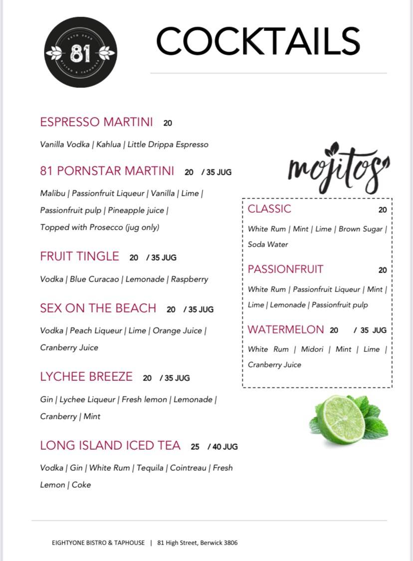 Menu at 81 Bistro & Taphouse restaurant, Berwick