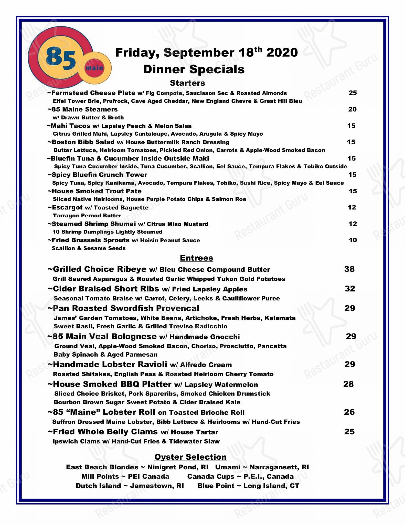 Menu at 85 Main restaurant, Putnam, 85 Main Street