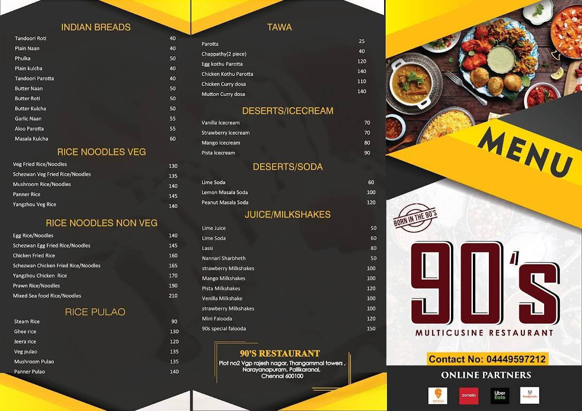 Menu at 90's - Multi Cuisine Restaurant, Chennai