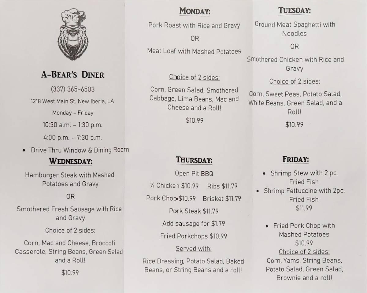 Menu at A-Bear's Diner restaurant, New Iberia