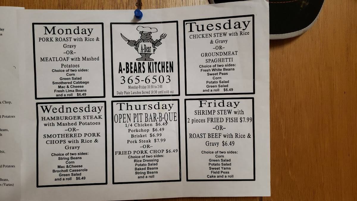 Menu at A-Bear's Diner restaurant, New Iberia