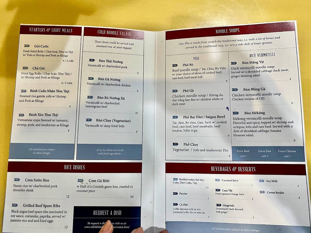 Menu at A Bit of Saigon restaurant, Jacksonville