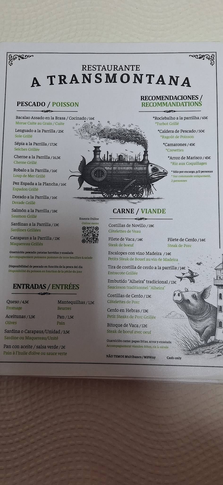 Menu em A Transmontana restaurante, Costa da Caparica
