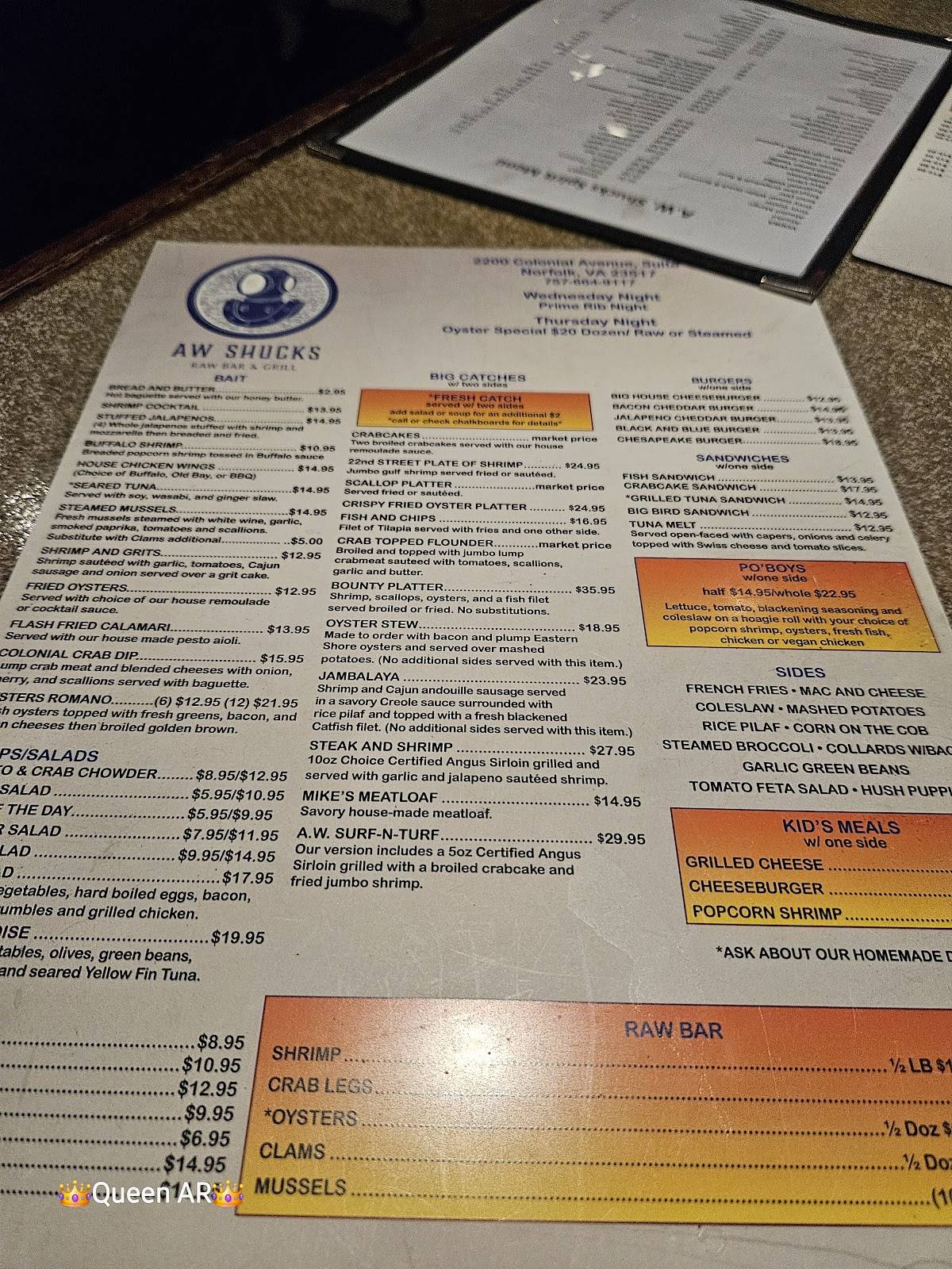 Menu at A W Shucks Raw Bar & Grill, Norfolk