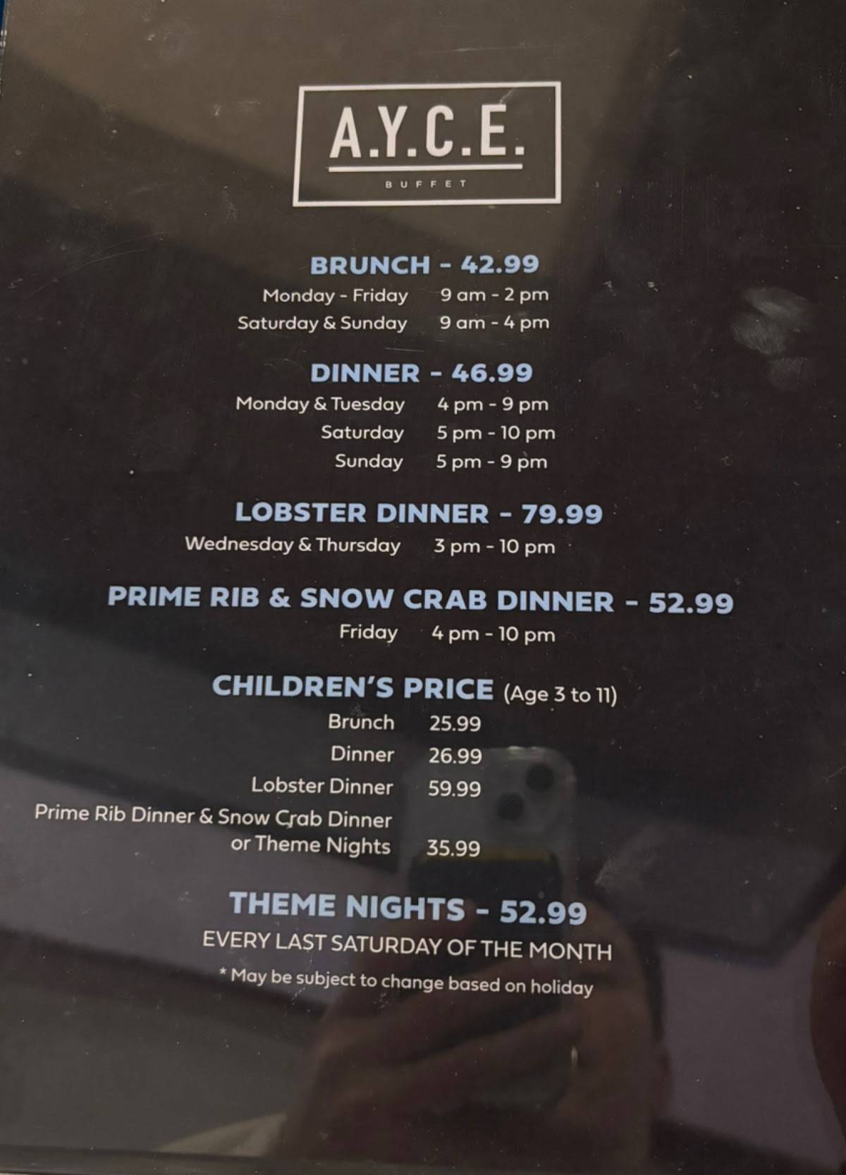 Menu at A.Y.C.E Buffet restaurant, Las Vegas