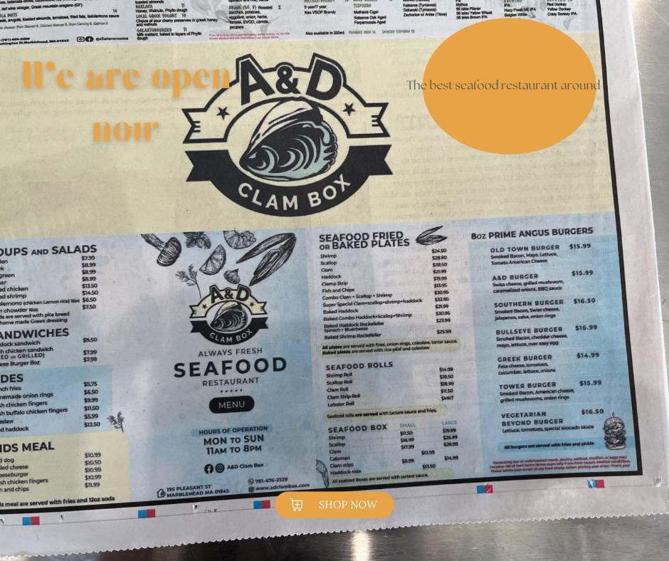 Menu at A&D Clam Box restaurant, Marblehead