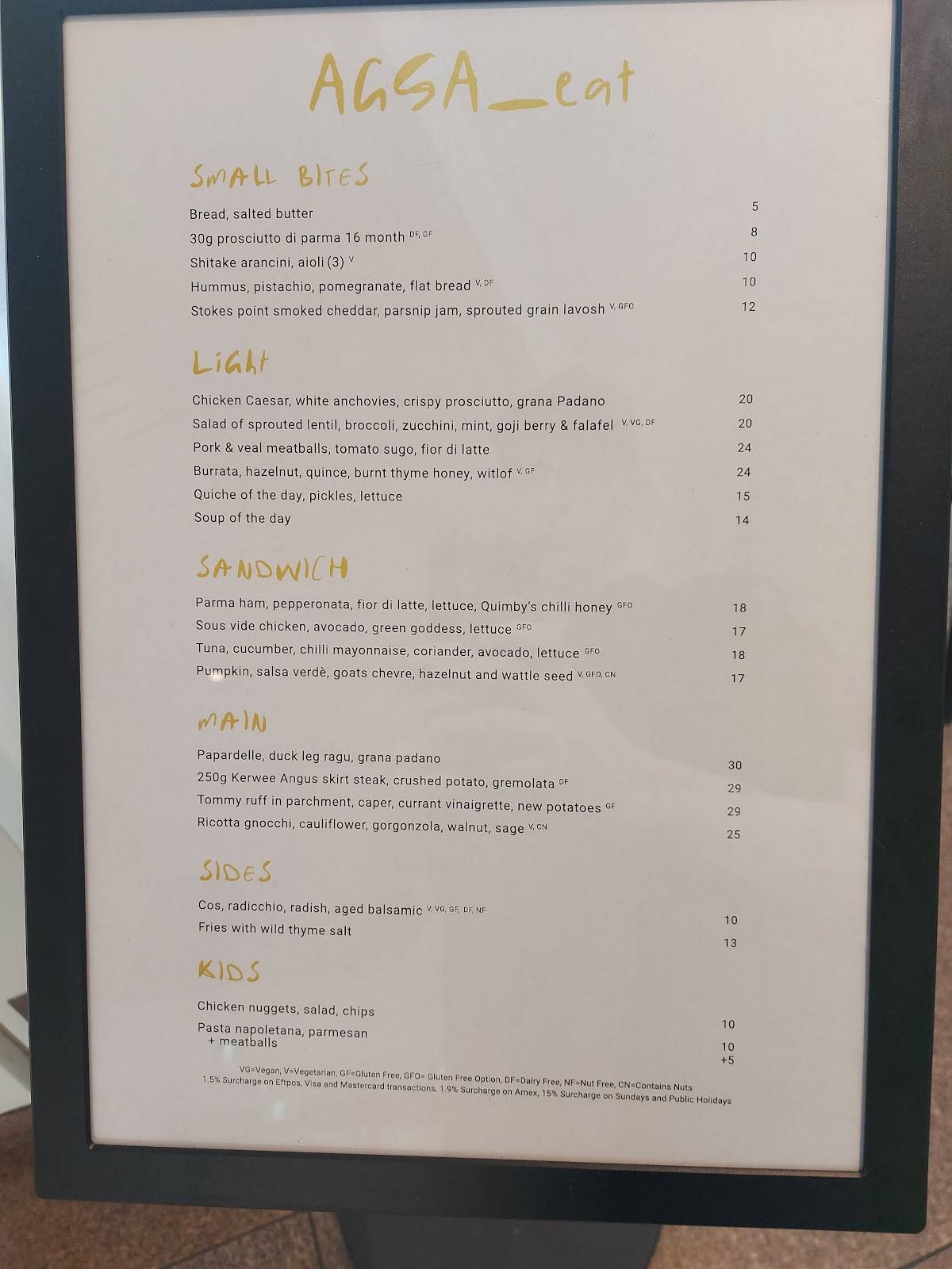 Menu at AGSA_eat cafe, Adelaide, 490 North Terrace