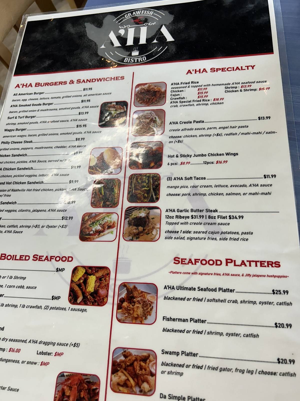 Menu at A’HA Crawfish Bistro restaurant, Richland, U.S. 49