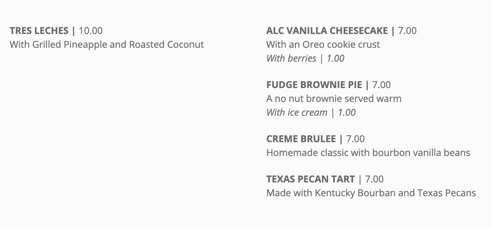 Menu at ALC Steaks pub & bar, Austin