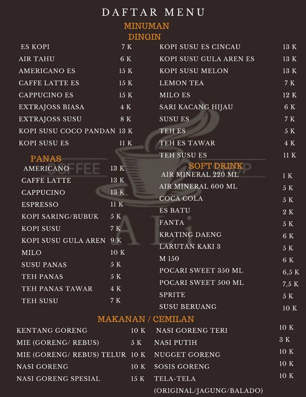 Menu at ALi Cafe, Pontianak