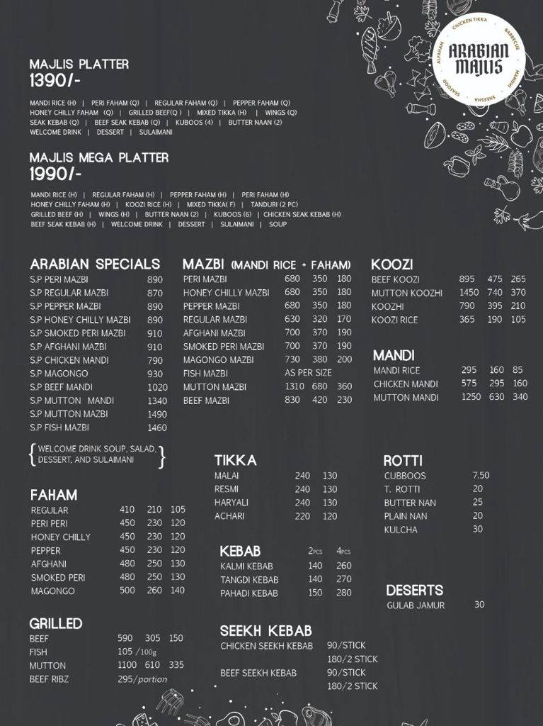 Menu at Arabian Majlis, Poonoor